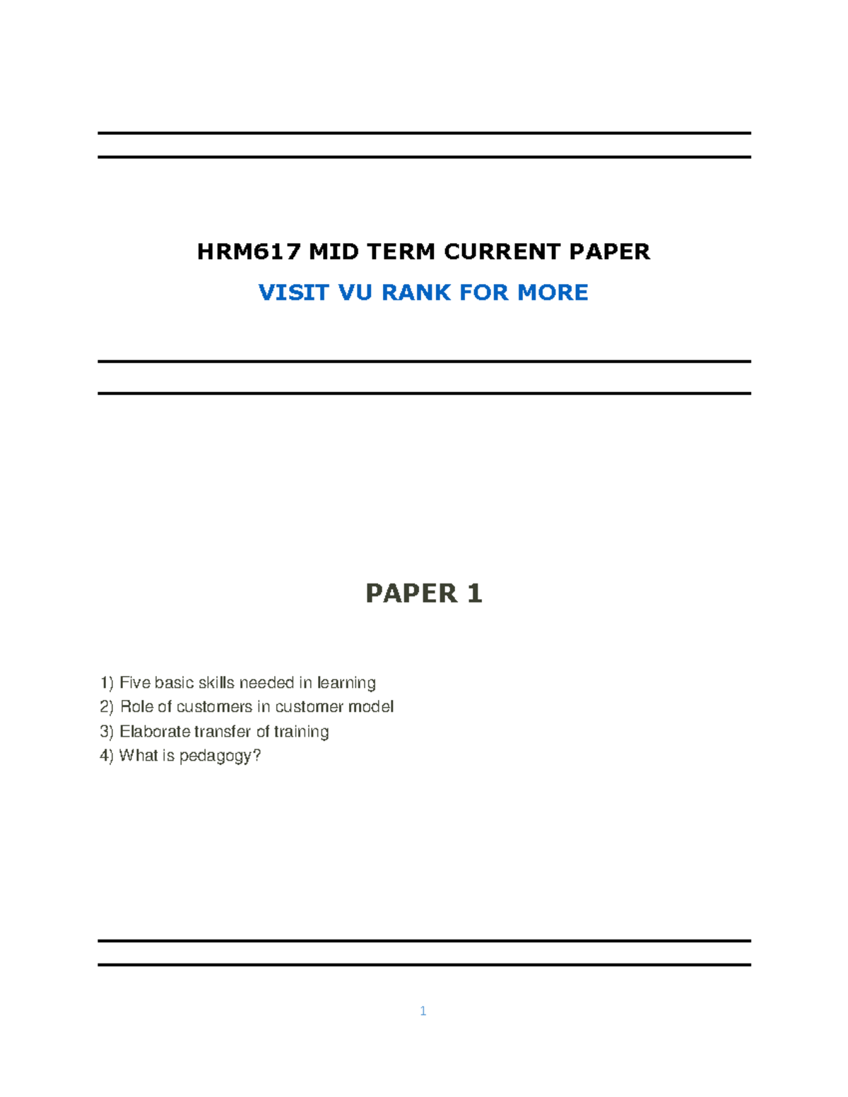 HRM617 mid term curent paper downloaded from vurank - 1 HRM617 MID TERM ...