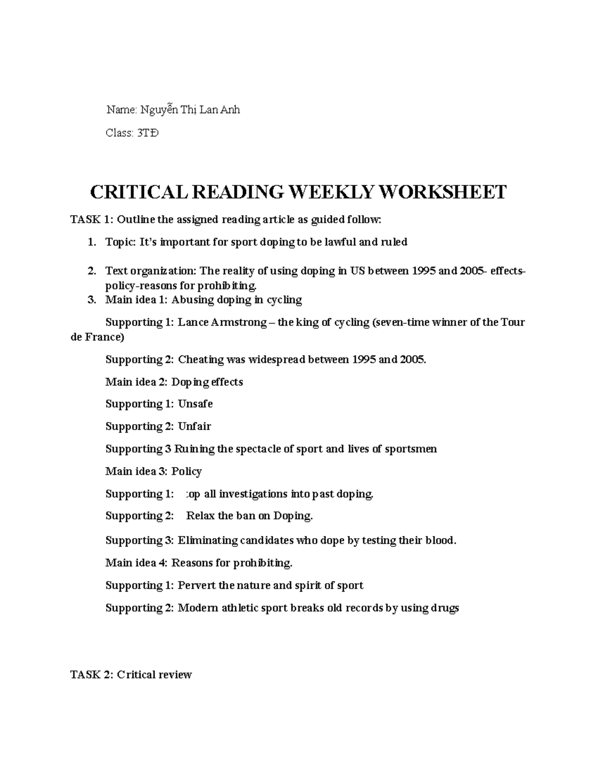 Critical Reading Weekly Worksheet - Name: Nguyễn Thị Lan Anh Class: 3TĐ ...