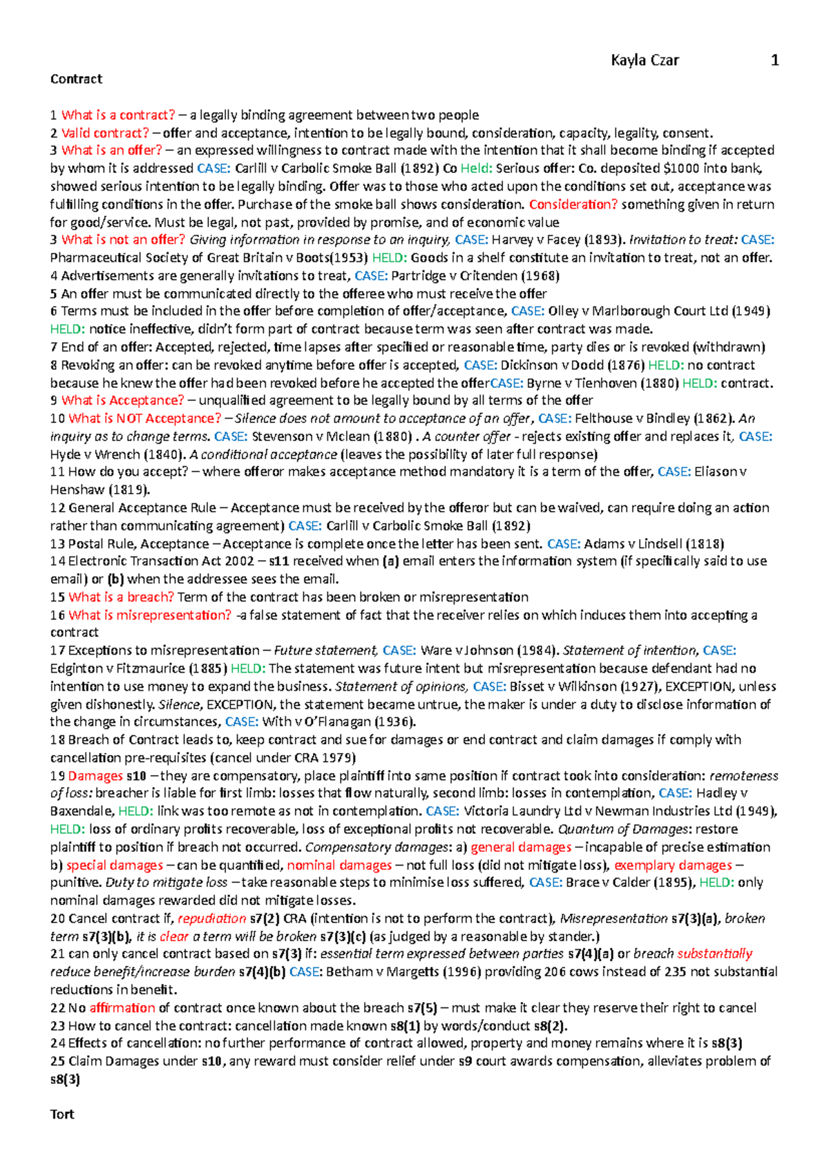Law Cheat Sheet - Contract 1 What is a contract? – a legally binding ...