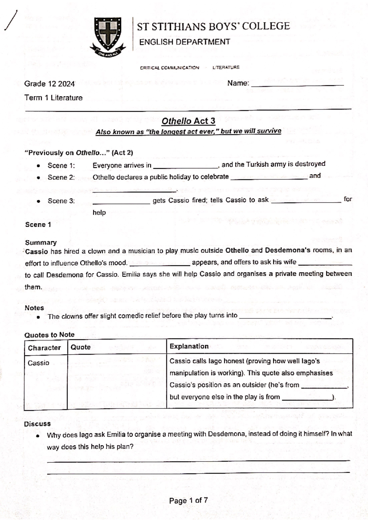 Act3 - Othello Activities - ST STITHIANS COLLEGE ENGLISH DEPARTMENT ONE ...