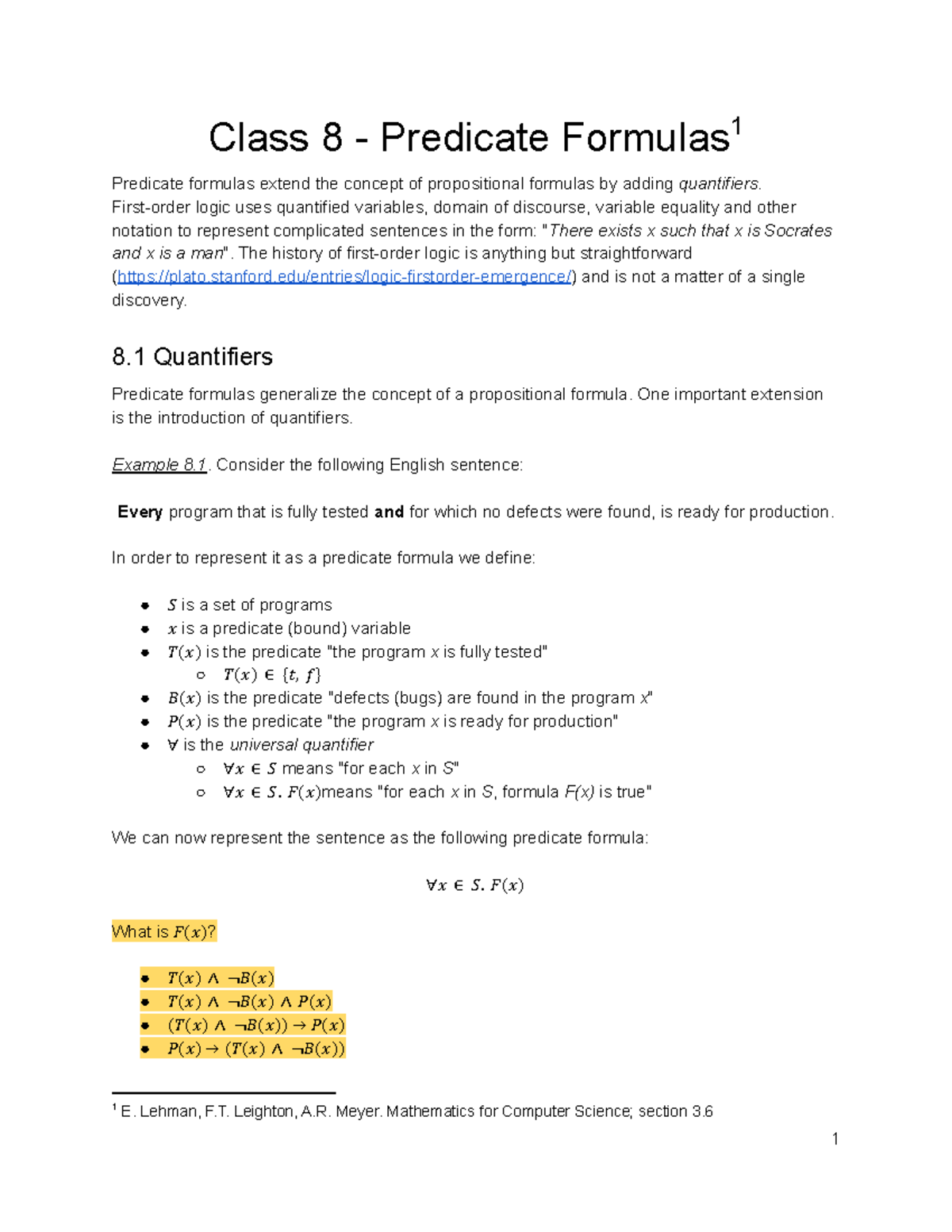 Class 08 - Predicate Formulas - Class 8 - Predicate Formulas 1 ...