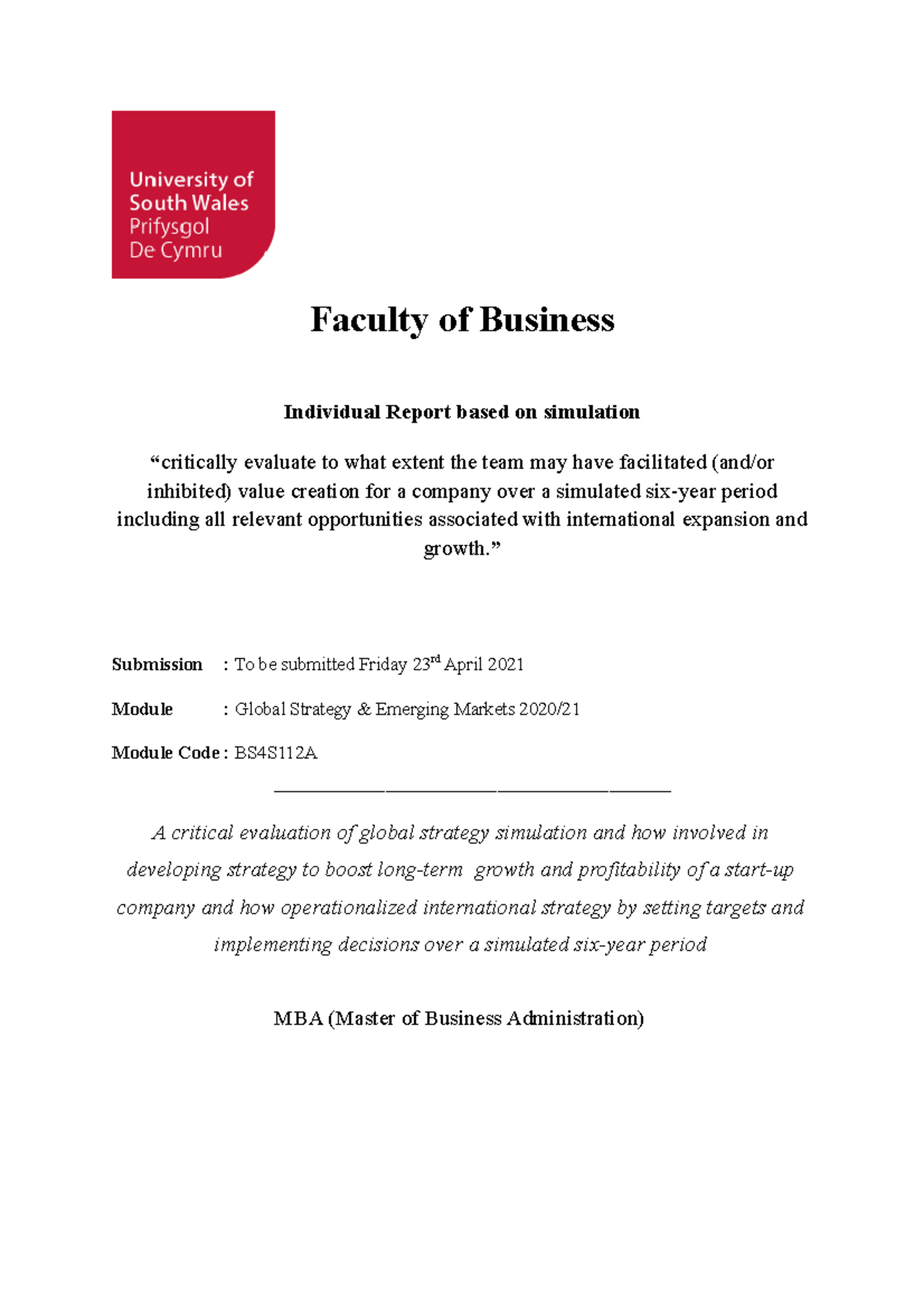 Business Report - Faculty of Business Individual Report based on ...