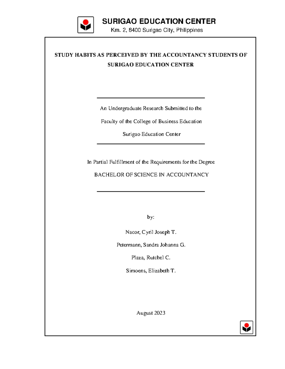 Final-Thesis-1 - Km. 2, 8400 Surigao City, Philippines STUDY HABITS AS ...