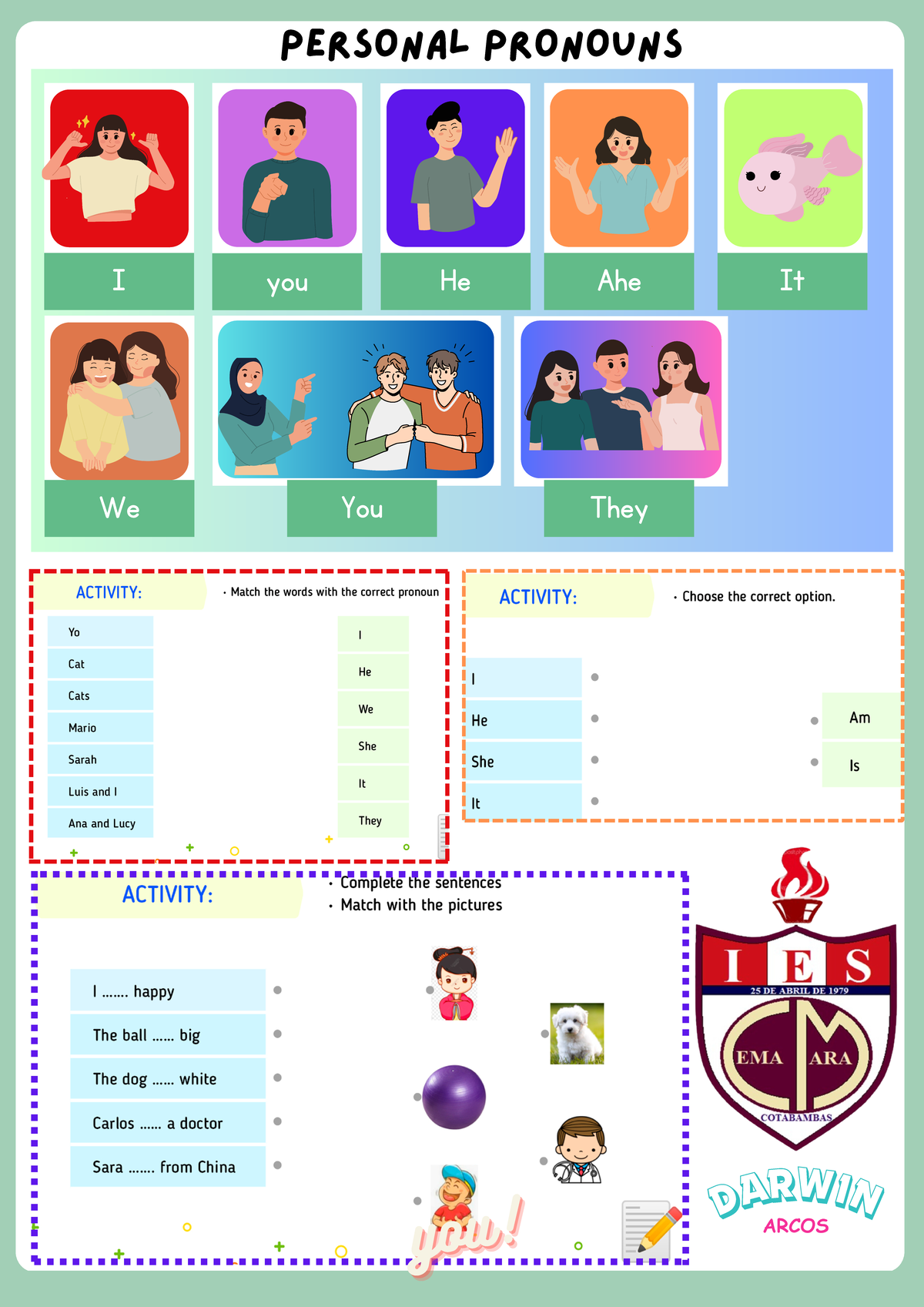Green and White Animated Personal Pronouns Poster - Inglés para la ...