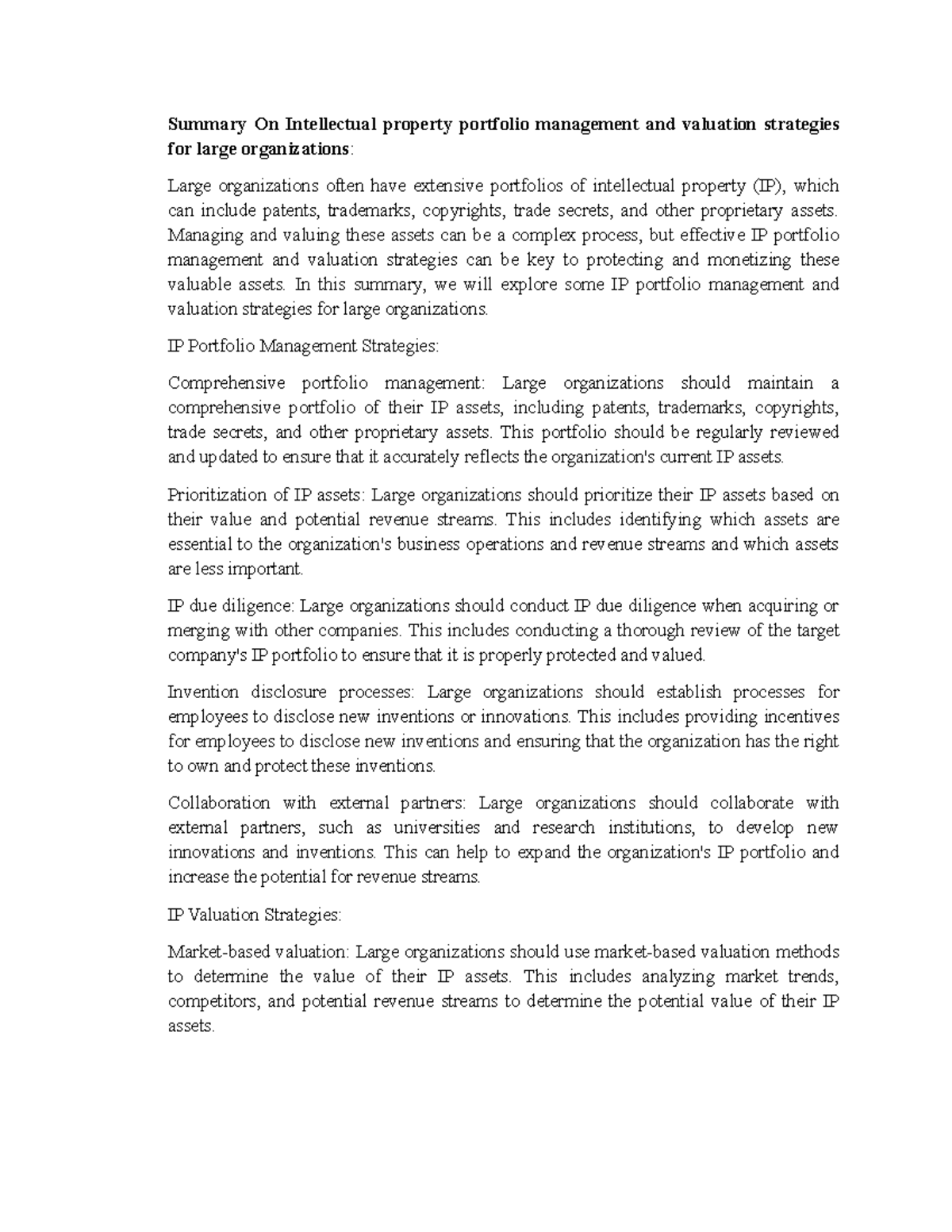 Summary On Intellectual property portfolio management and valuation ...