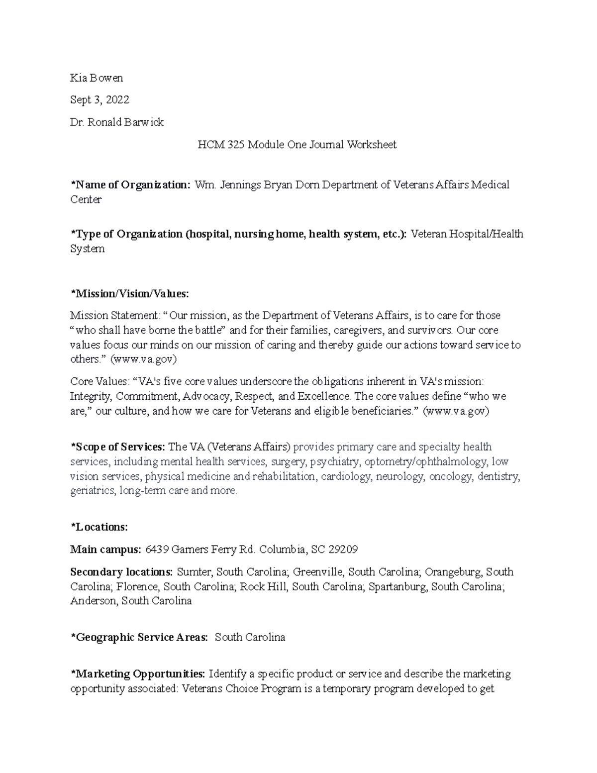 HCM 325 Module One Journal Worksheet - Kia Bowen Sept 3, 2022 Dr ...