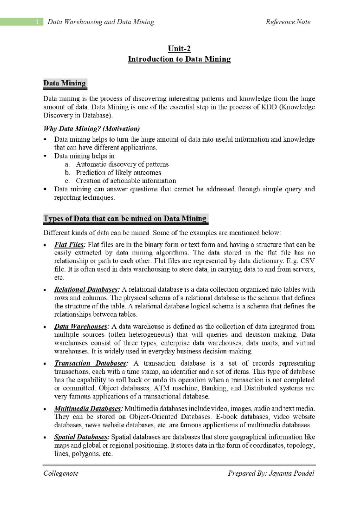 Unit 2 Introduction To Data Mining 1 Data Warehousing And Data Mining Reference Note