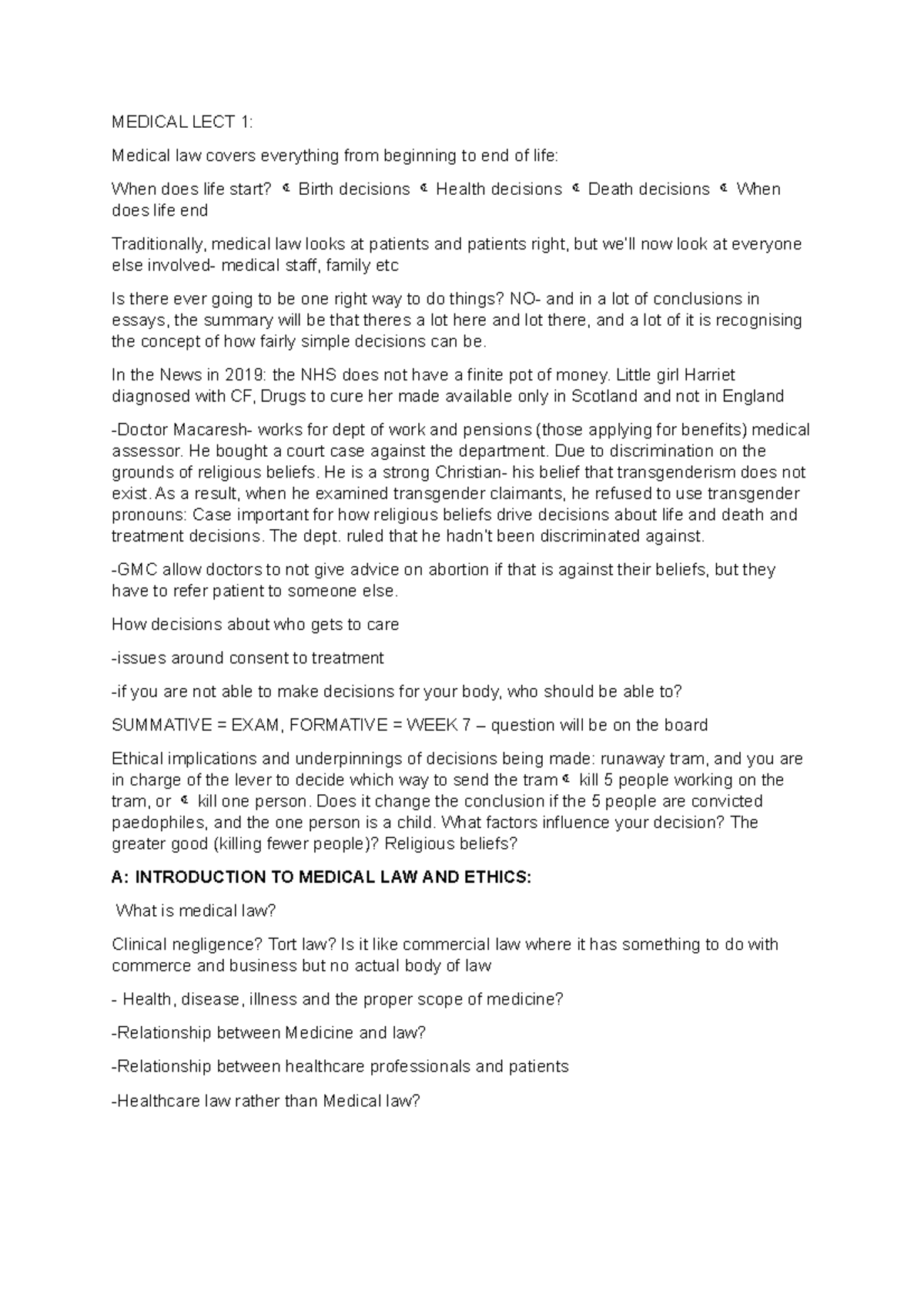 Medical Law Lecture Notes - MEDICAL LECT 1: Medical law covers ...