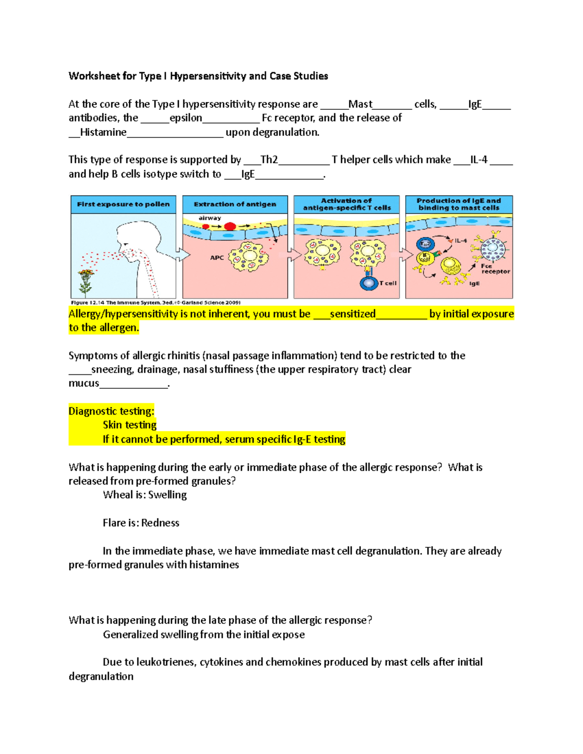 Worksheet for Type I Hypersensitivity and Case Studies - This type of ...