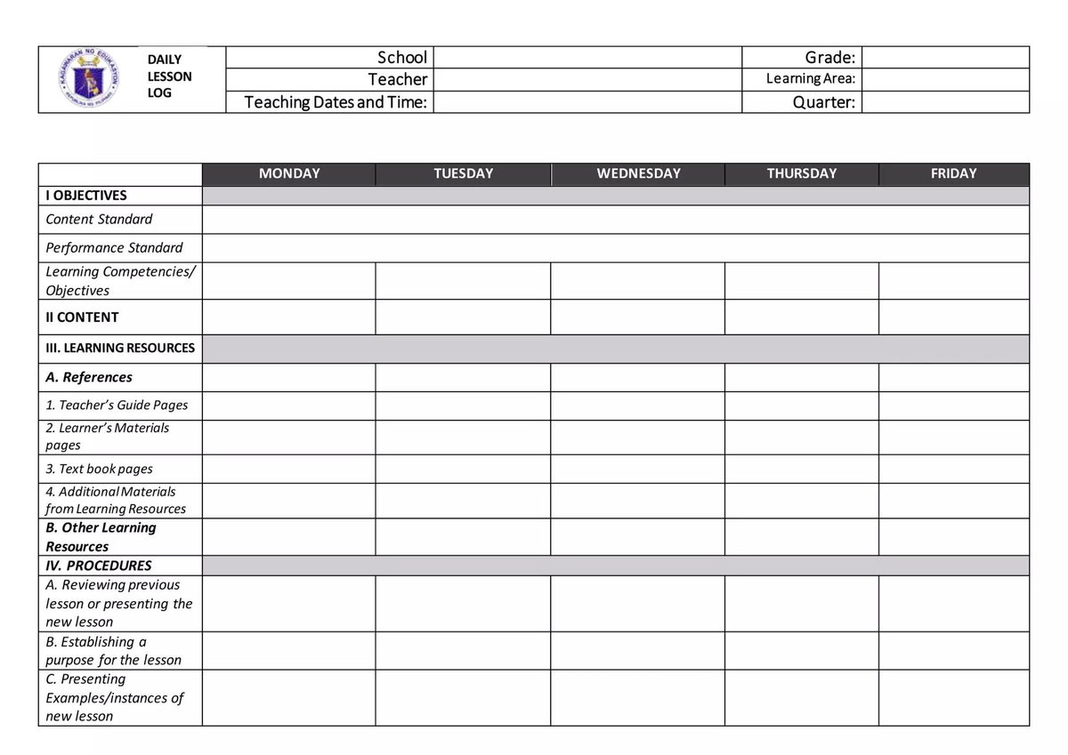 Daily Lesson Log DLL Template - Bachelor of Secondary Education - Major ...