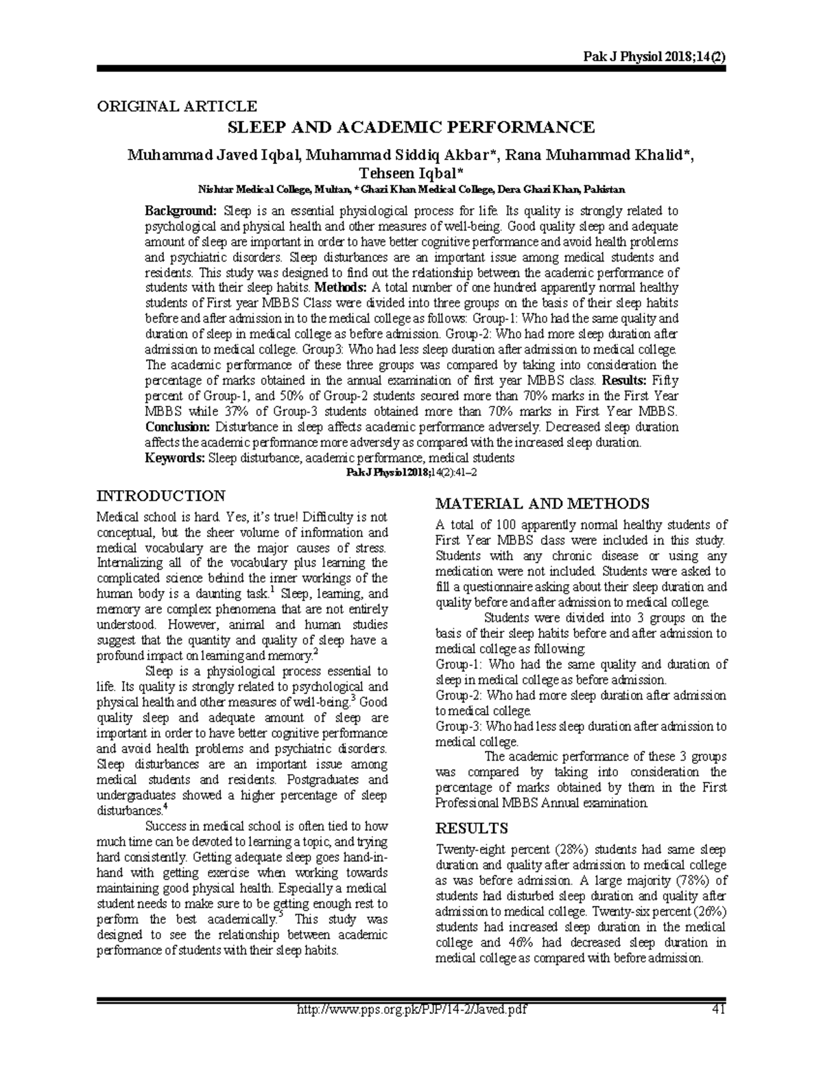 Sleep and Academic Performance - Pak J Physiol 2018;14(2) pps.org/PJP ...