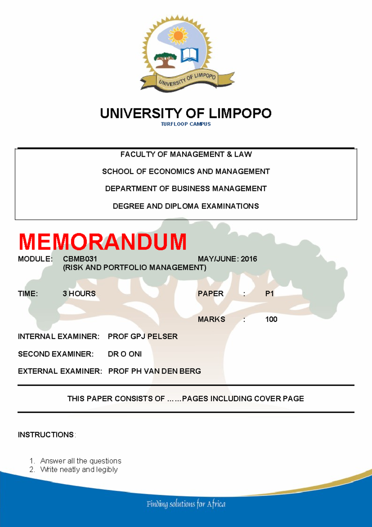 Null-4 1 - Question paper - UNIVERSITY OF LIMPOPO TURFLOOP CAMPUS ...
