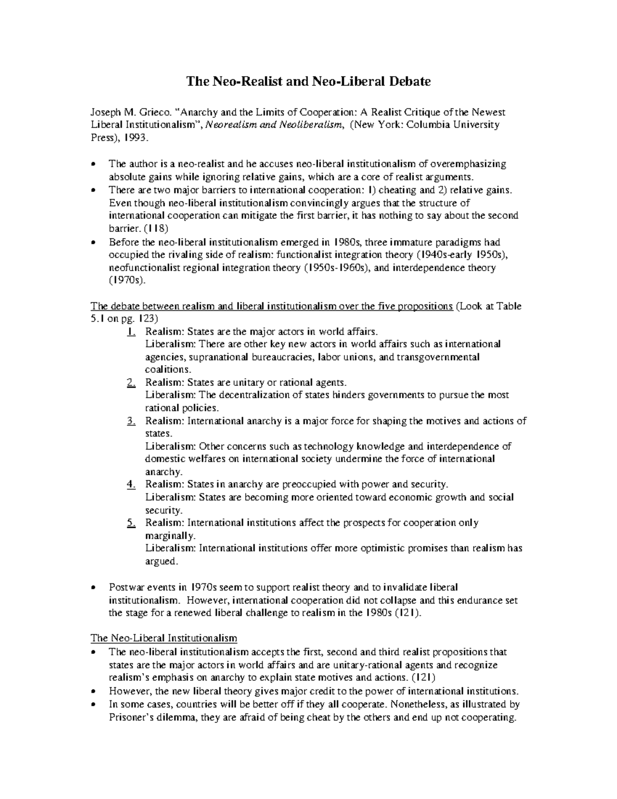 207354914 Summary on Neo Neo Debate - The Neo-Realist and Neo-Liberal ...