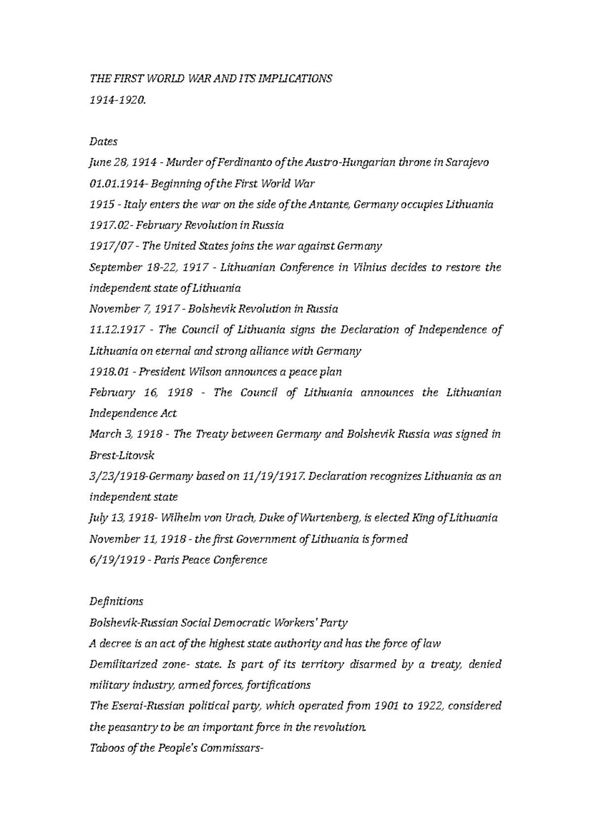 THE First World WAR AND ITS Implications 1914-1920. - THE FIRST WORLD ...