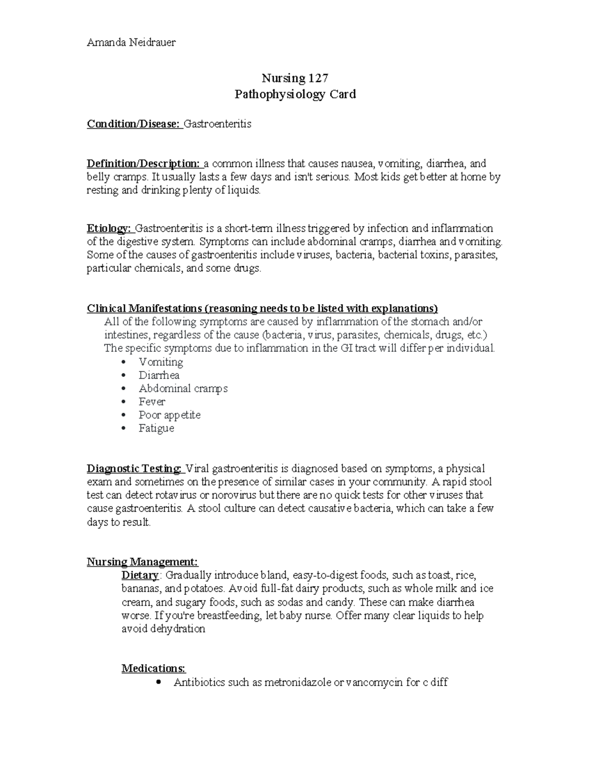 Pathophysiology Card - Amanda Neidrauer Nursing 127 Pathophysiology ...