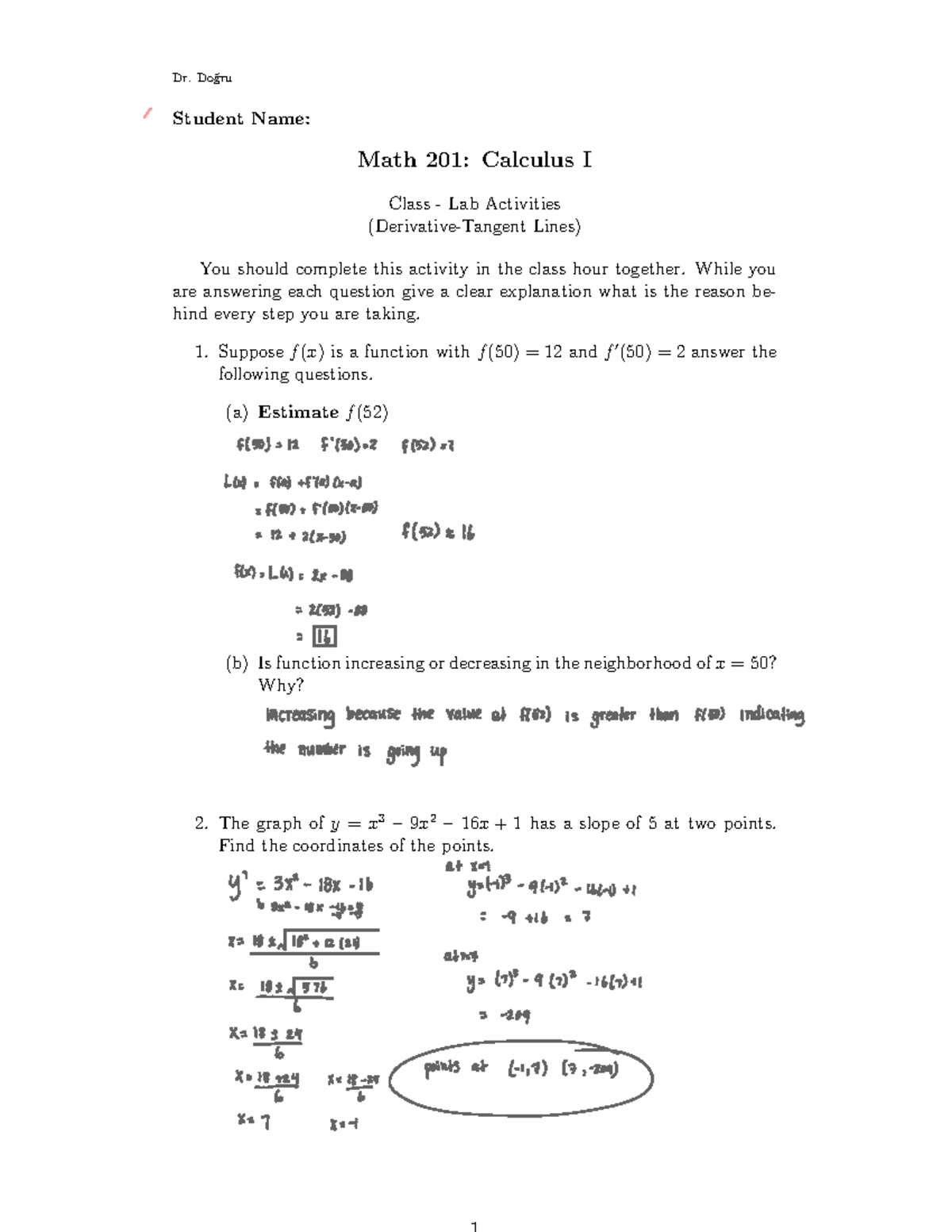 Derivative(Tangentline)Activity - Dr. Do ̆gru Student Name: Math 201 ...