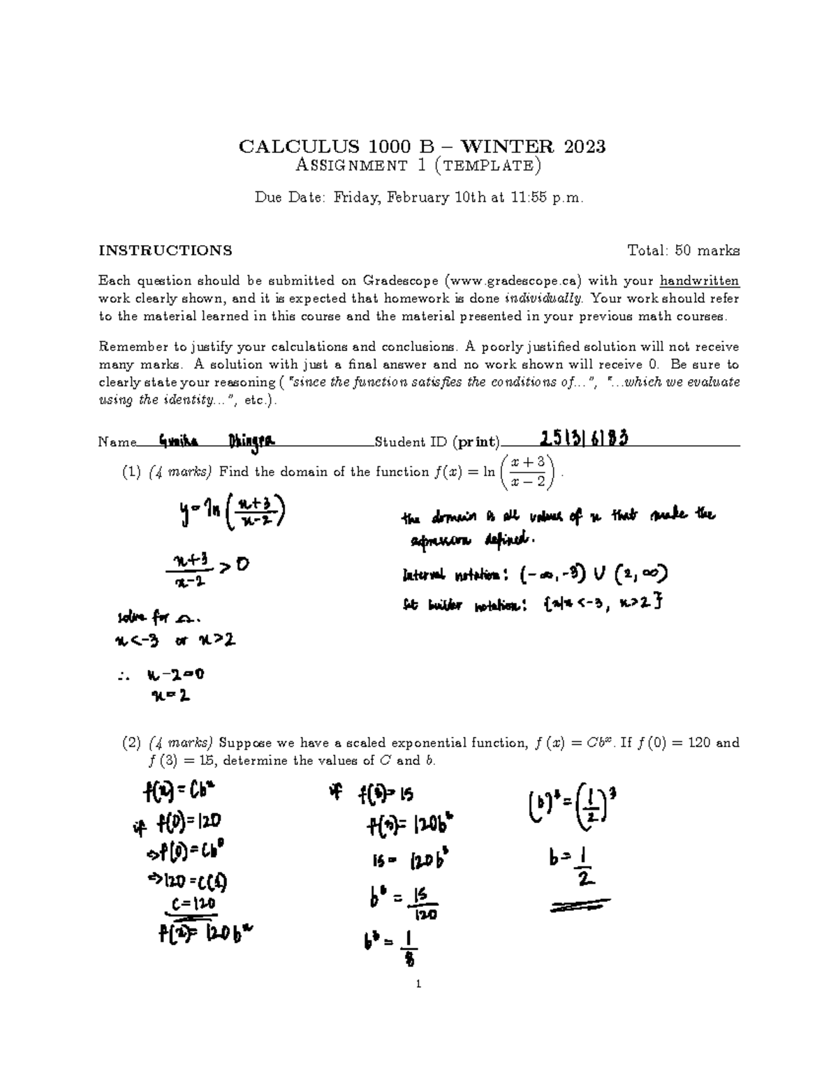 Assignment 1. - CALCULUS 1000 B — WINTER 2023 Assignment 1 (template ...