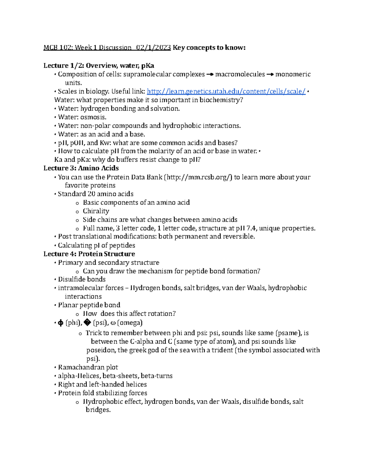 Worksheet Lectures 1 -4 - MCB 102: Week 1 Discussion 02/1/2023 Key ...