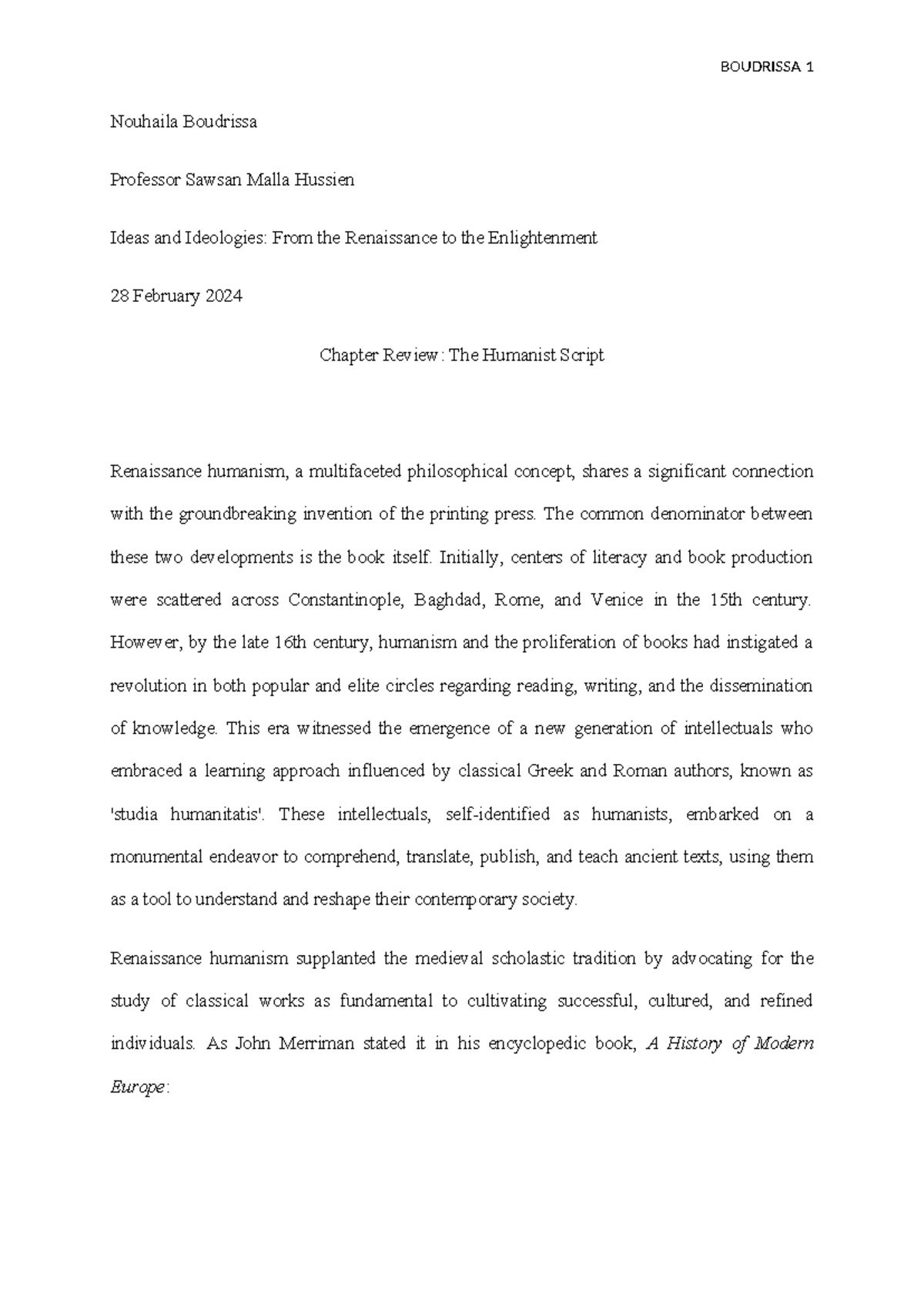 Chapter Review - The Humanist Script - Nouhaila Boudrissa - Nouhaila ...