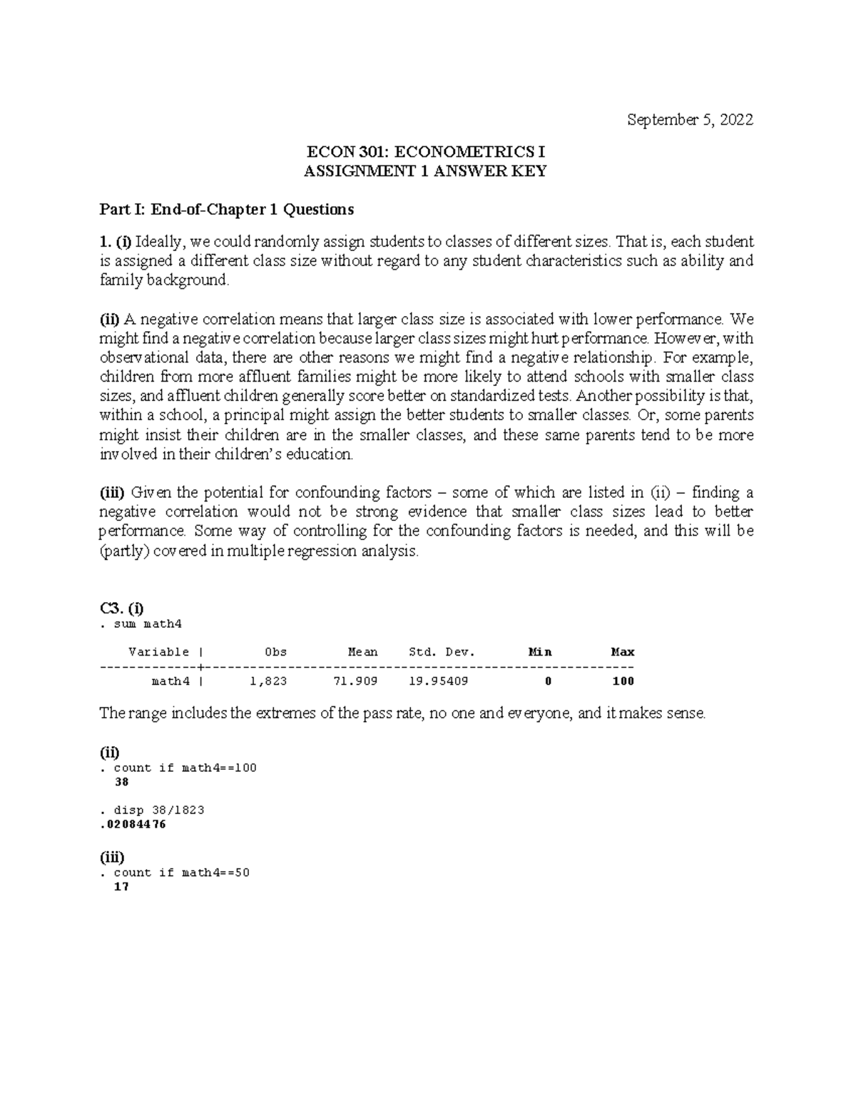Assignment 1 Answer Key September 5 2022 ECON 301 ECONOMETRICS I