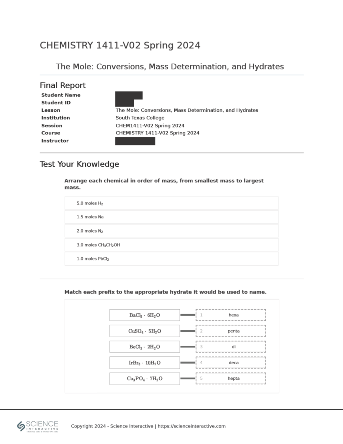 Chemistry 1411V02Spring 2024 The Mole Conversions Mass Determinationand ...