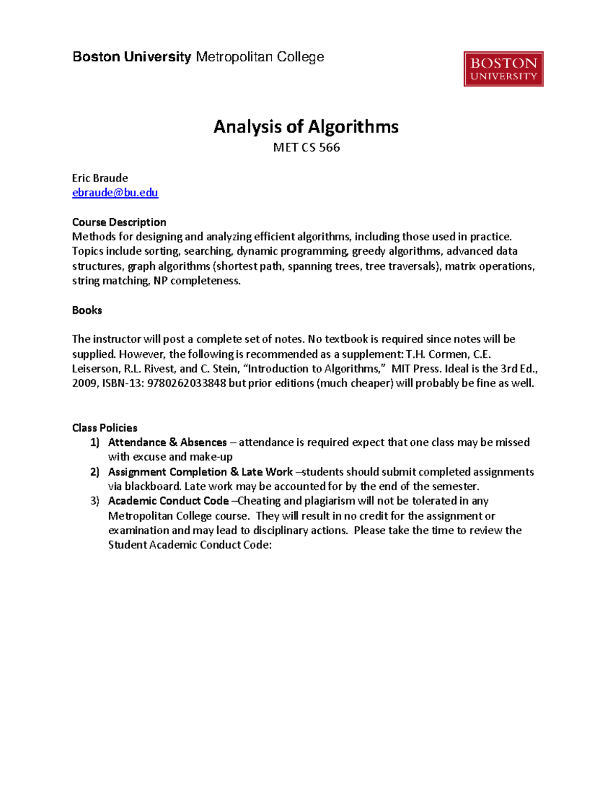 CS566 Syllabus Summer 2021 - Boston University Metropolitan College Analysis of Algorithms MET ...