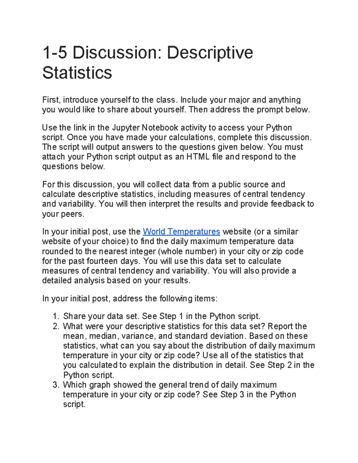 MAT-243 - 1-5 Discussion - Descriptive Statistics - 1-5 Discussion: Descriptive Statistics First ...