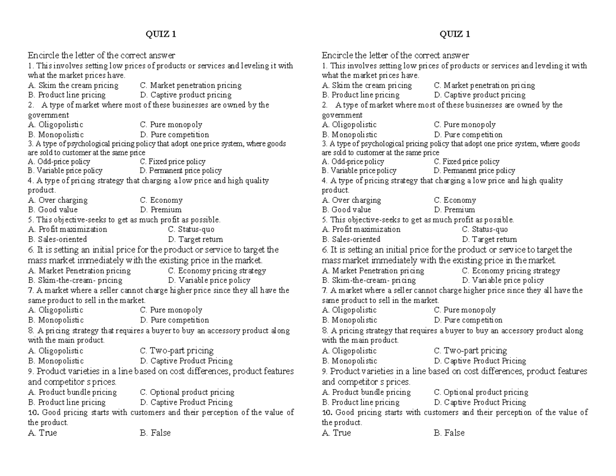 Pricing strategy quiz - QUIZ 1 Encircle the letter of the correct ...