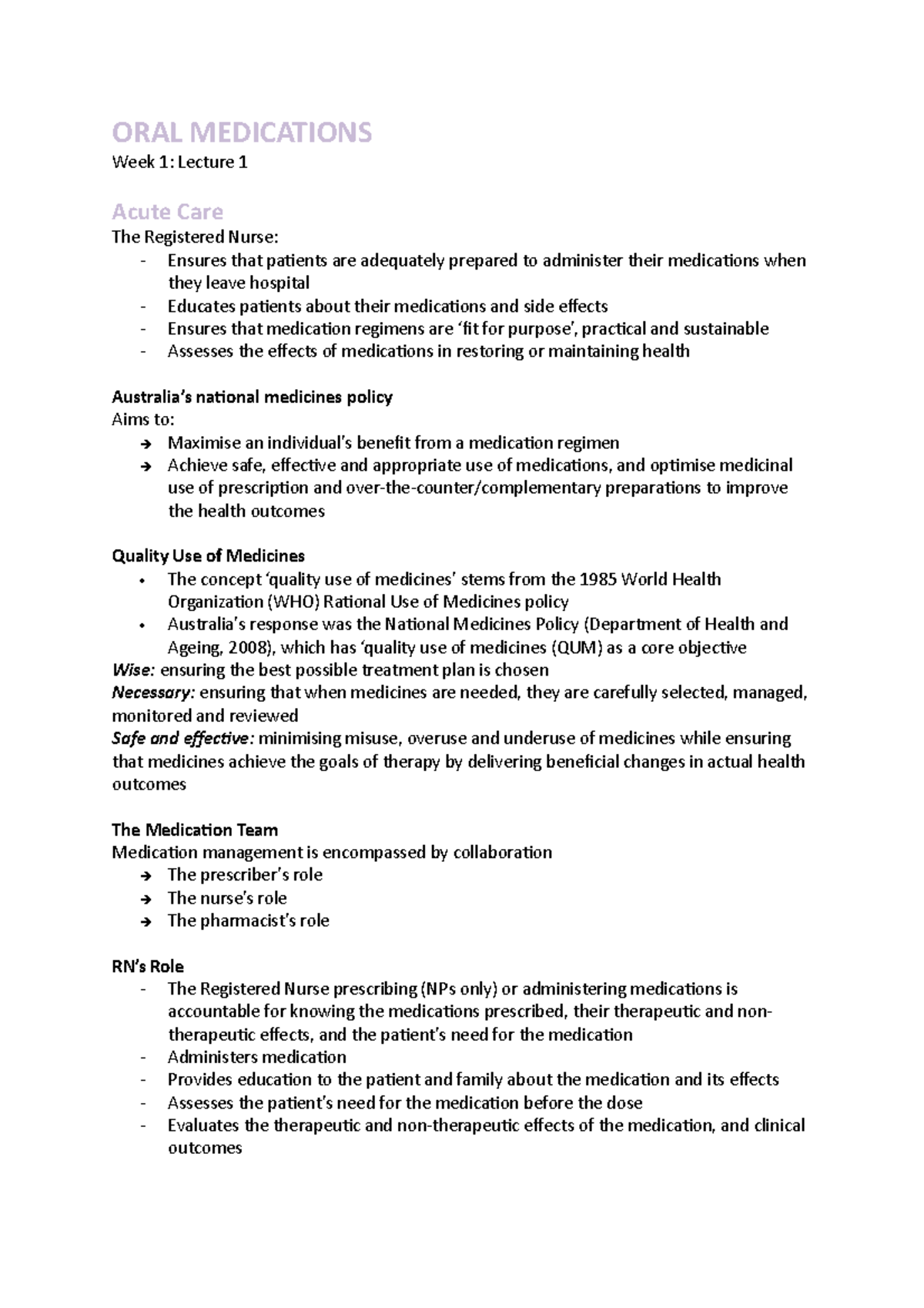 Notes for administration of oral medications - ORAL MEDICATIONS Week 1 ...