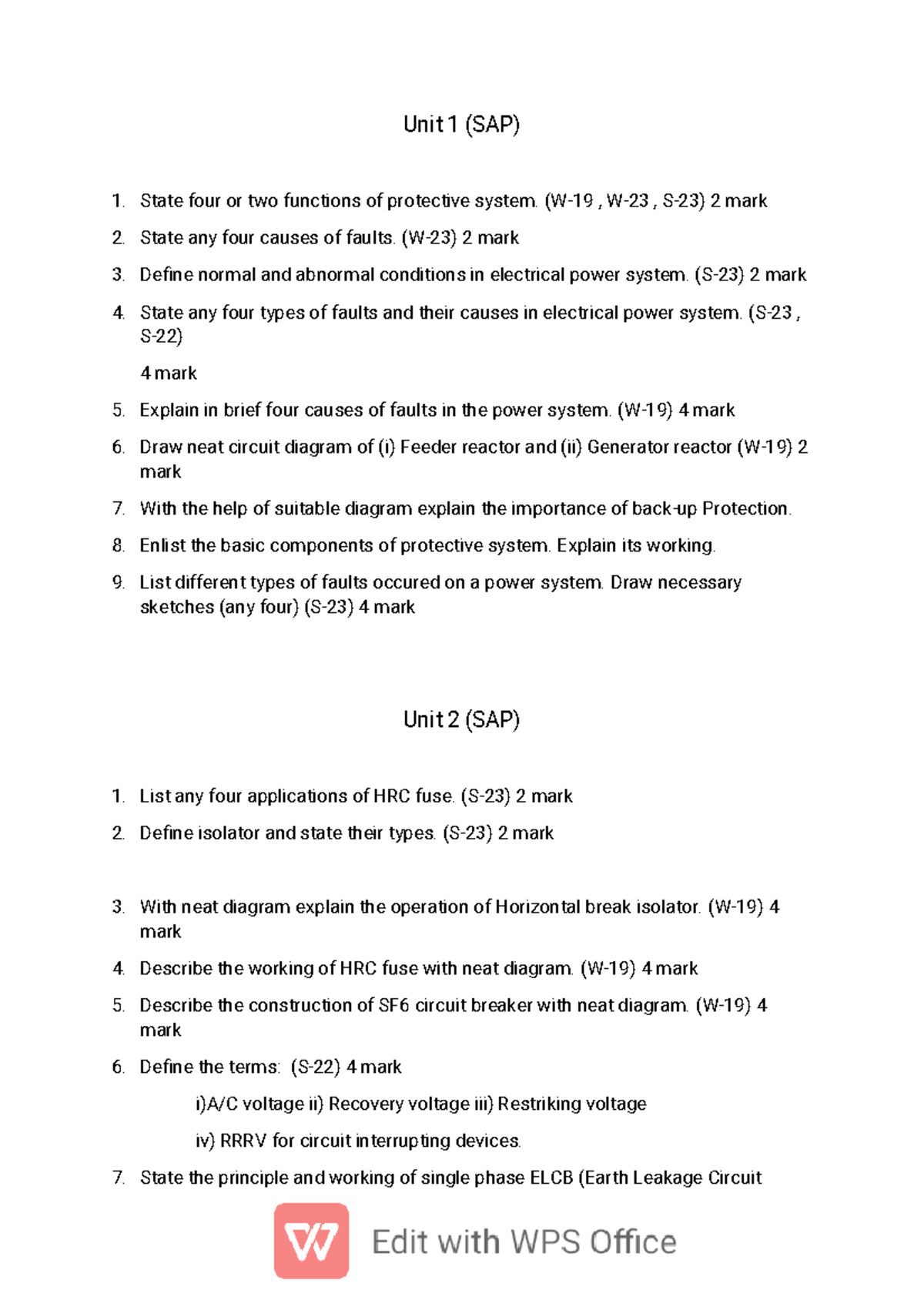 Unit 1 an 2 - Imp questions - Unit 1 (SAP) 1. State four or two ...