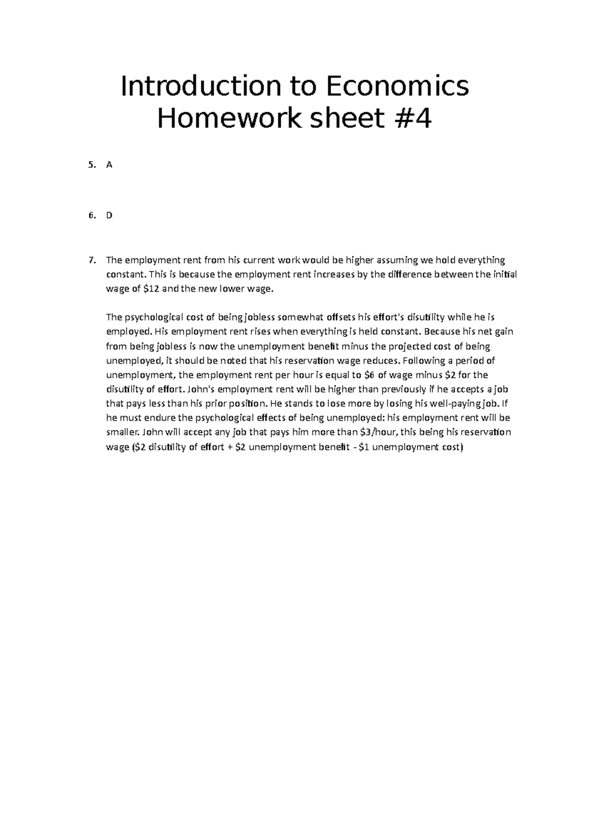 ECON homework #4 - Introduction to Economics Homework sheet 5. A 6. D ...