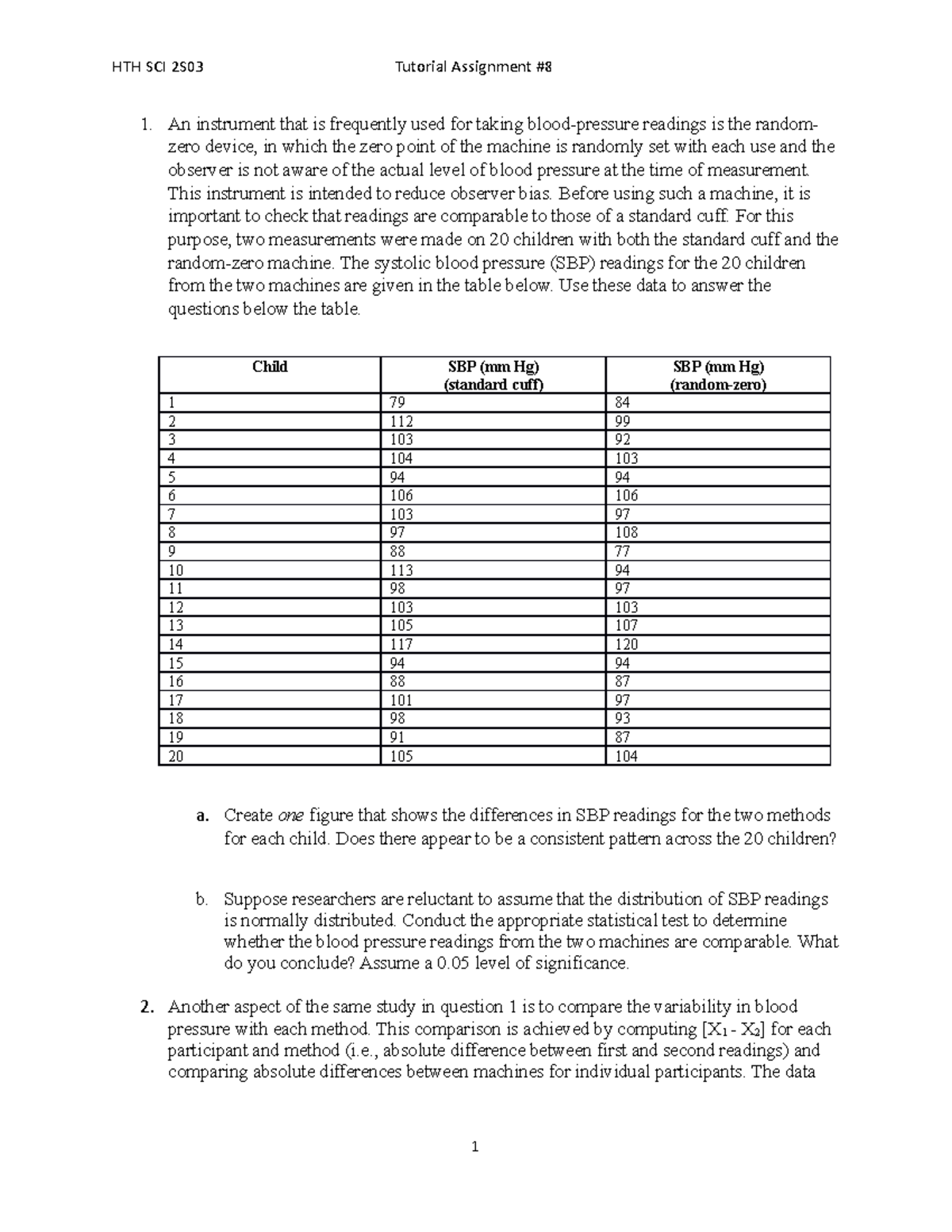 Tutorial Assign 8 - Nonparm 1 - HTH SCI 2S03 Tutorial Assignment 1. An ...