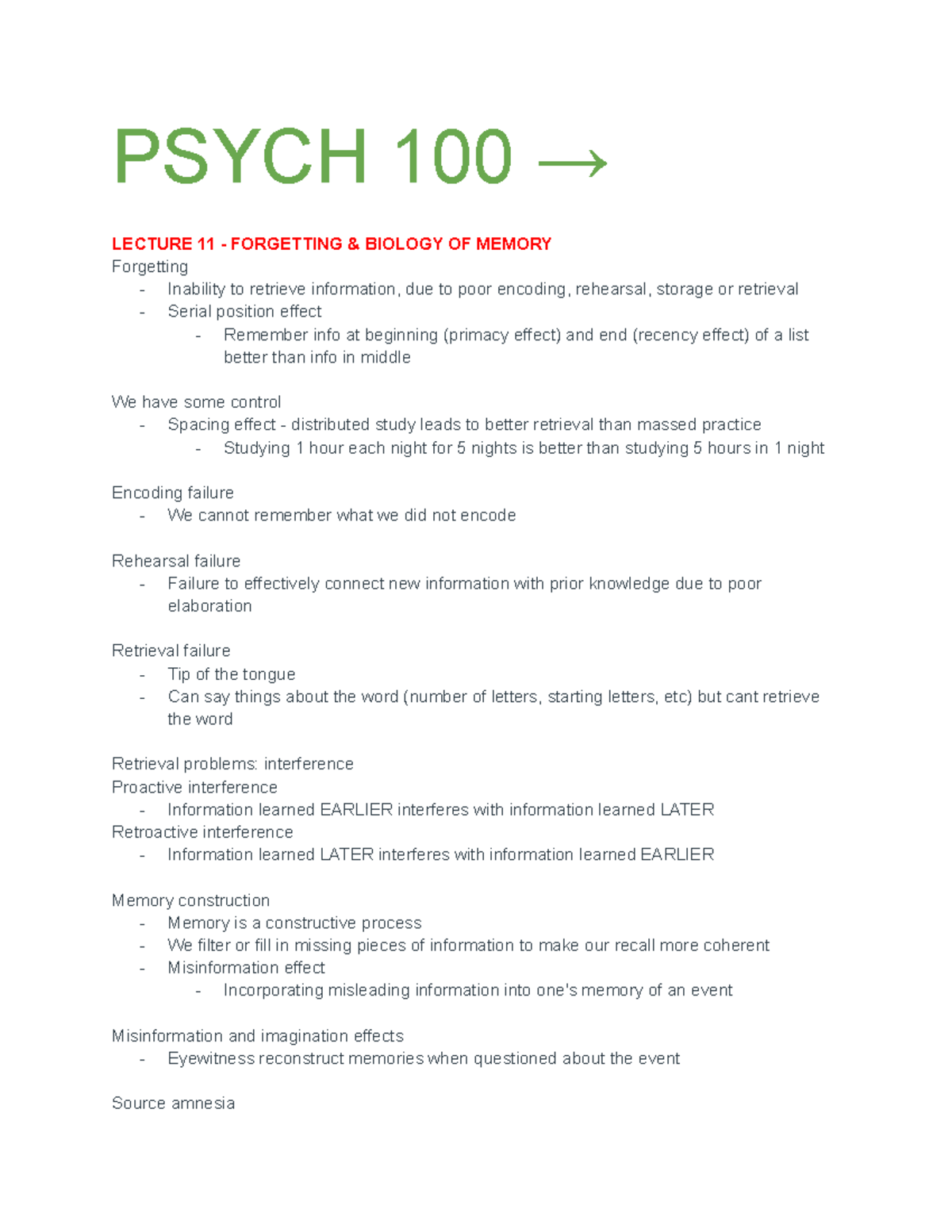 PSYCH 100 - PSYCH 100 → LECTURE 11 - FORGETTING & BIOLOGY OF MEMORY ...