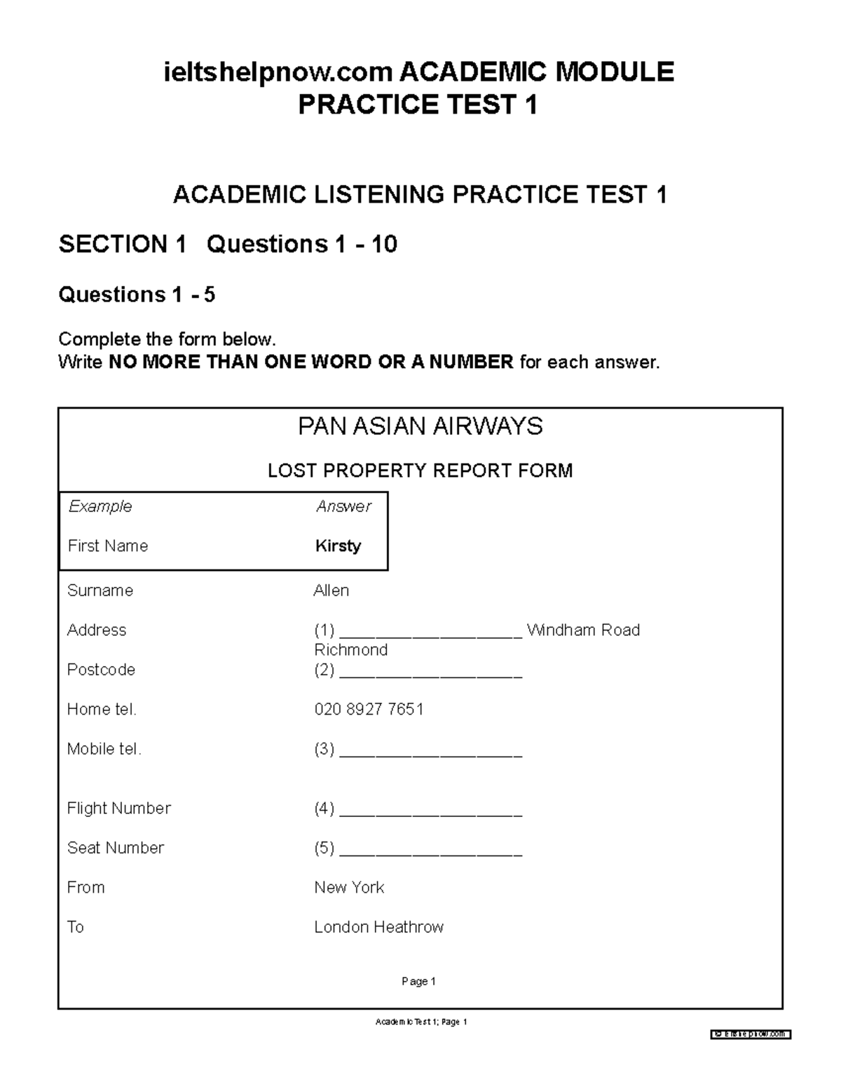 Ac test 1 question paper - ACADEMIC LISTENING PRACTICE TEST 1 SECTION 1 ...