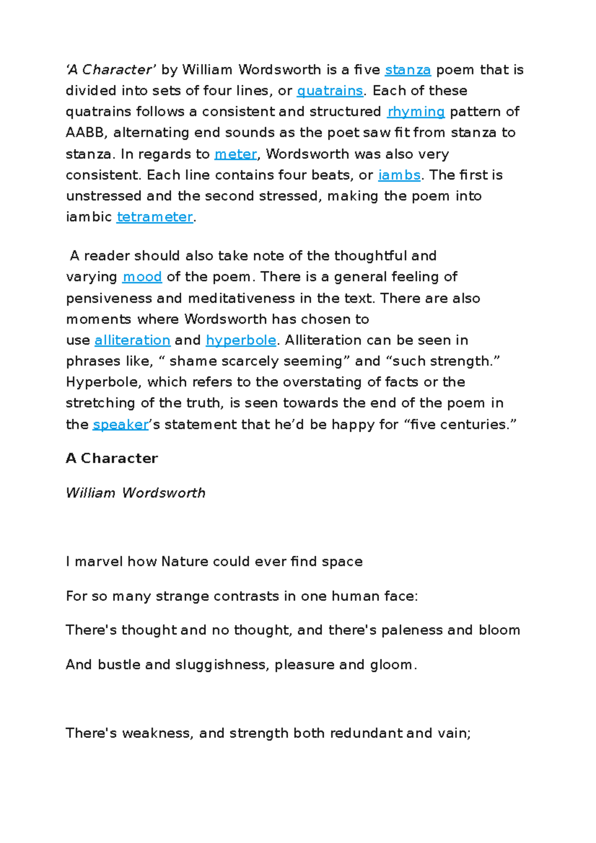 A Character - ‘A Character’ by William Wordsworth is a five stanza poem ...