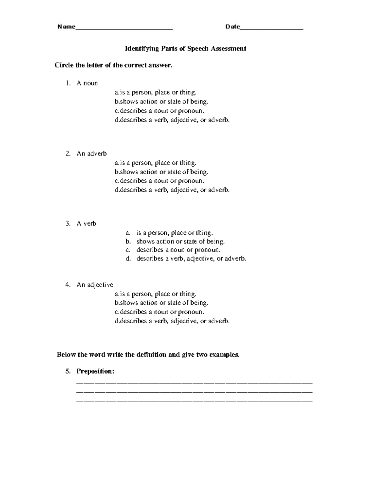 Identify parts of speech assessment w key - Identifying Parts of Speech ...
