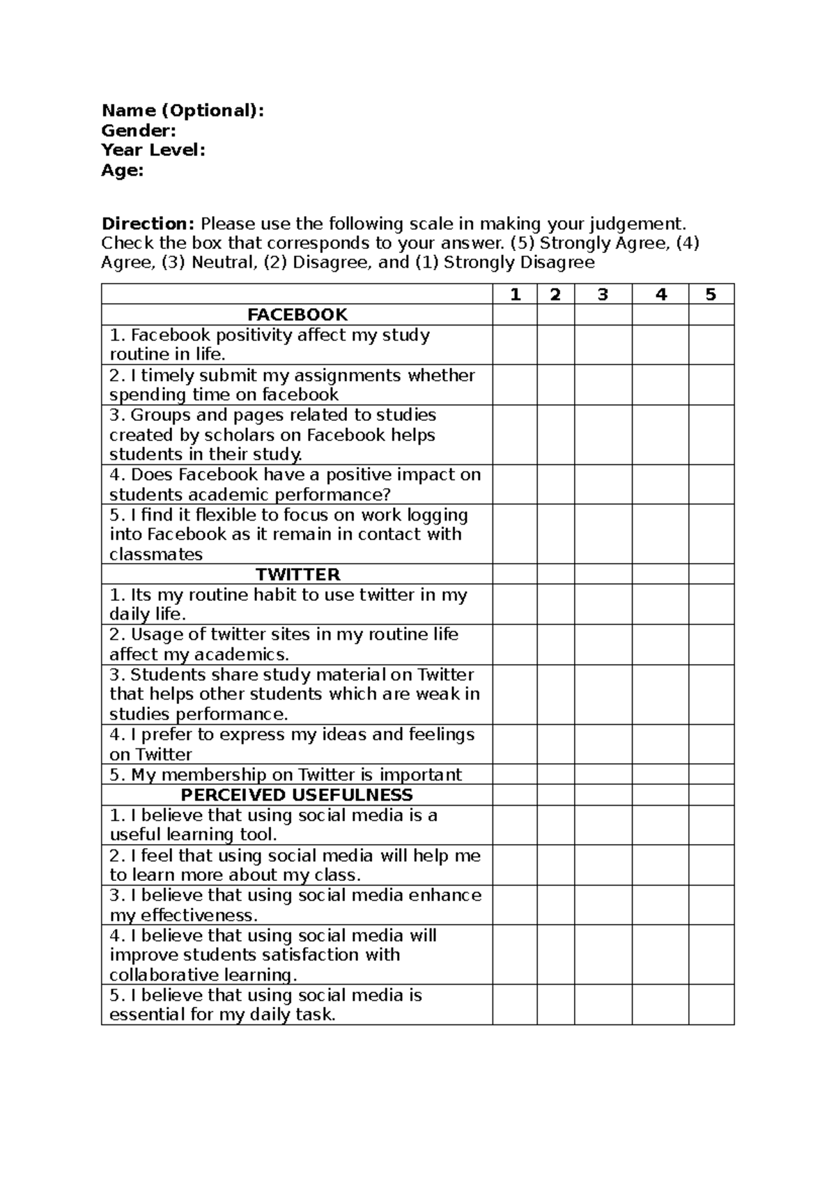 Social med. questionnaire - Name (Optional): Gender: Year Level: Age ...