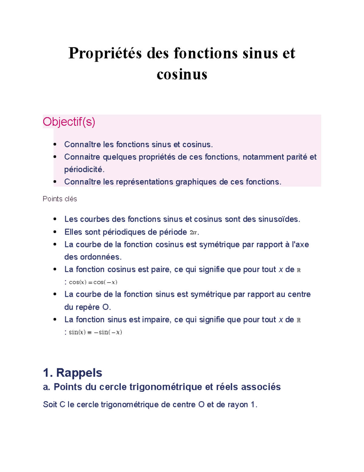 Propriétés des fonctions sinus et cosinus - Propriétés des fonctions ...