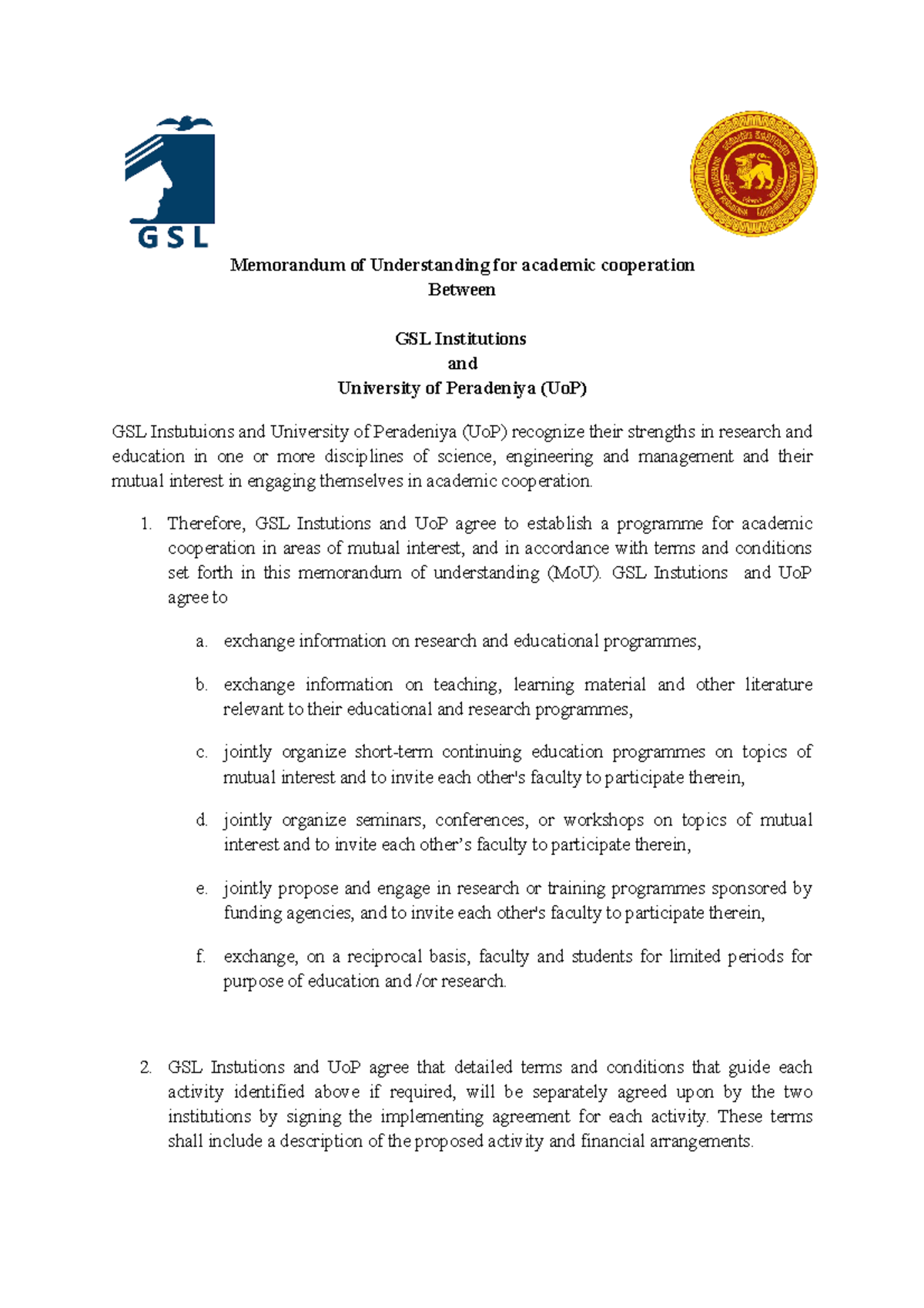 Memorandum of Understanding for academic cooperation - Memorandum of ...