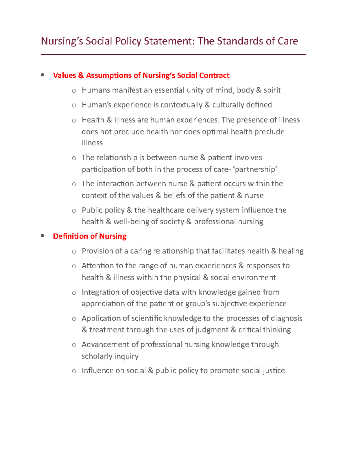 Nursing Social Policy Statement - The presence of illness does not ...