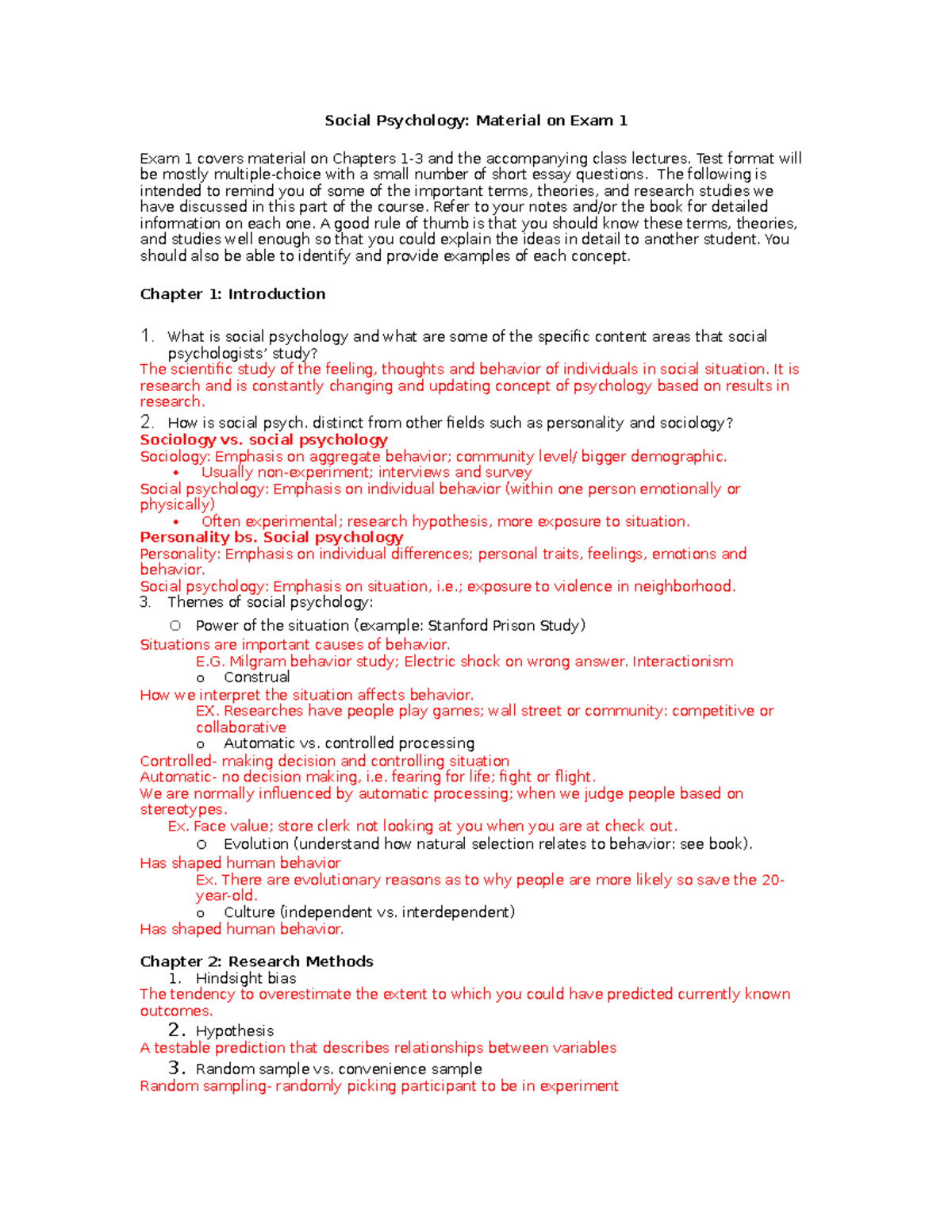 Soical psych exam 1 review - Social Psychology: Material on Exam 1 Exam ...