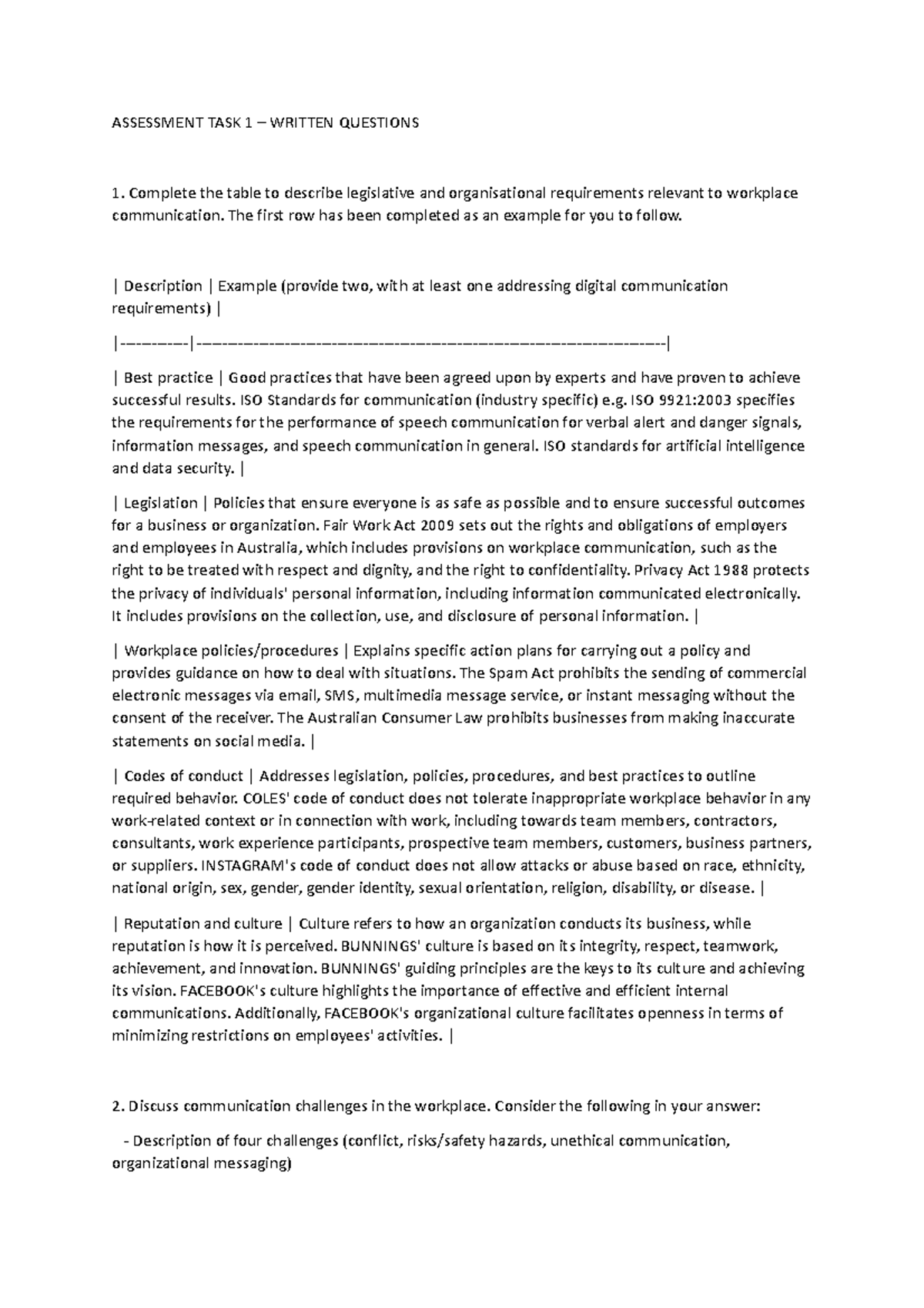 Assessment TASK 1 - BSBXCM501 - ASSESSMENT TASK 1 – WRITTEN QUESTIONS ...