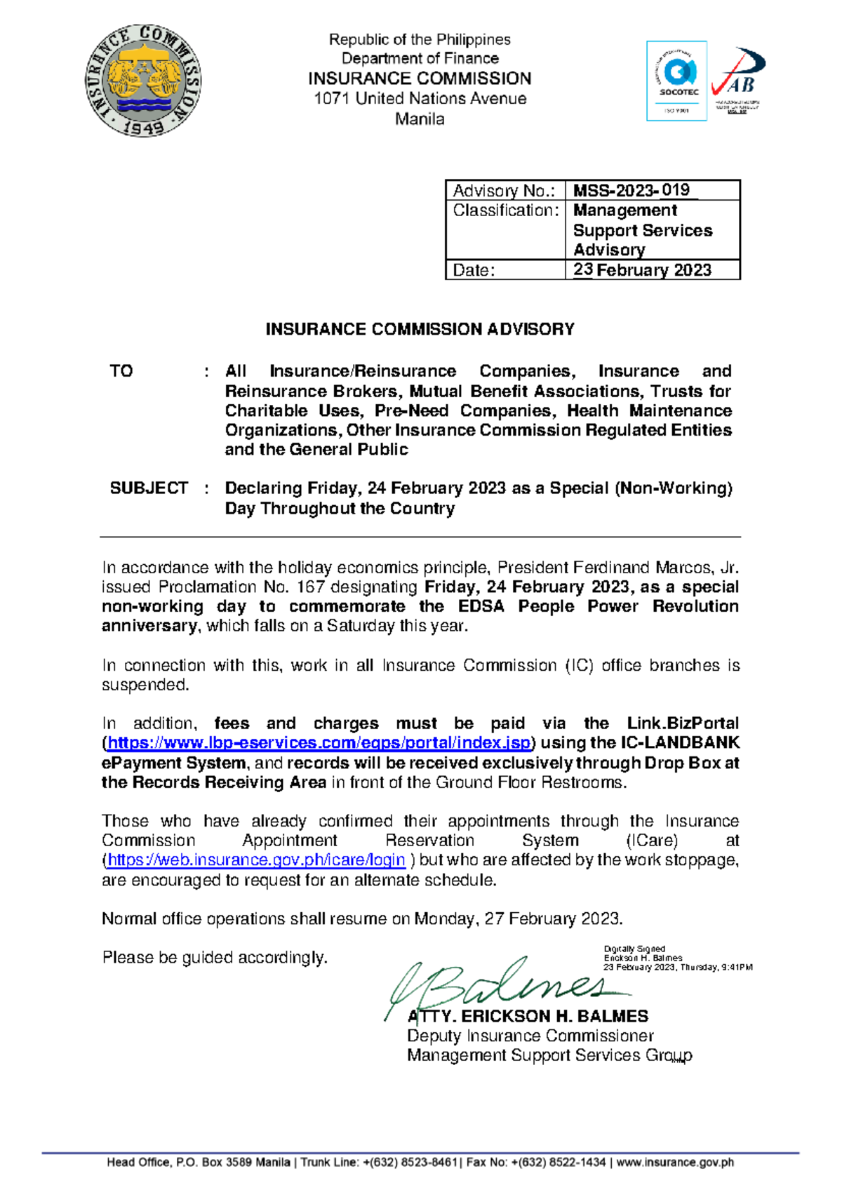 IC-Advisory-No - Advisory No.: Classification: MSSManagement Support ...