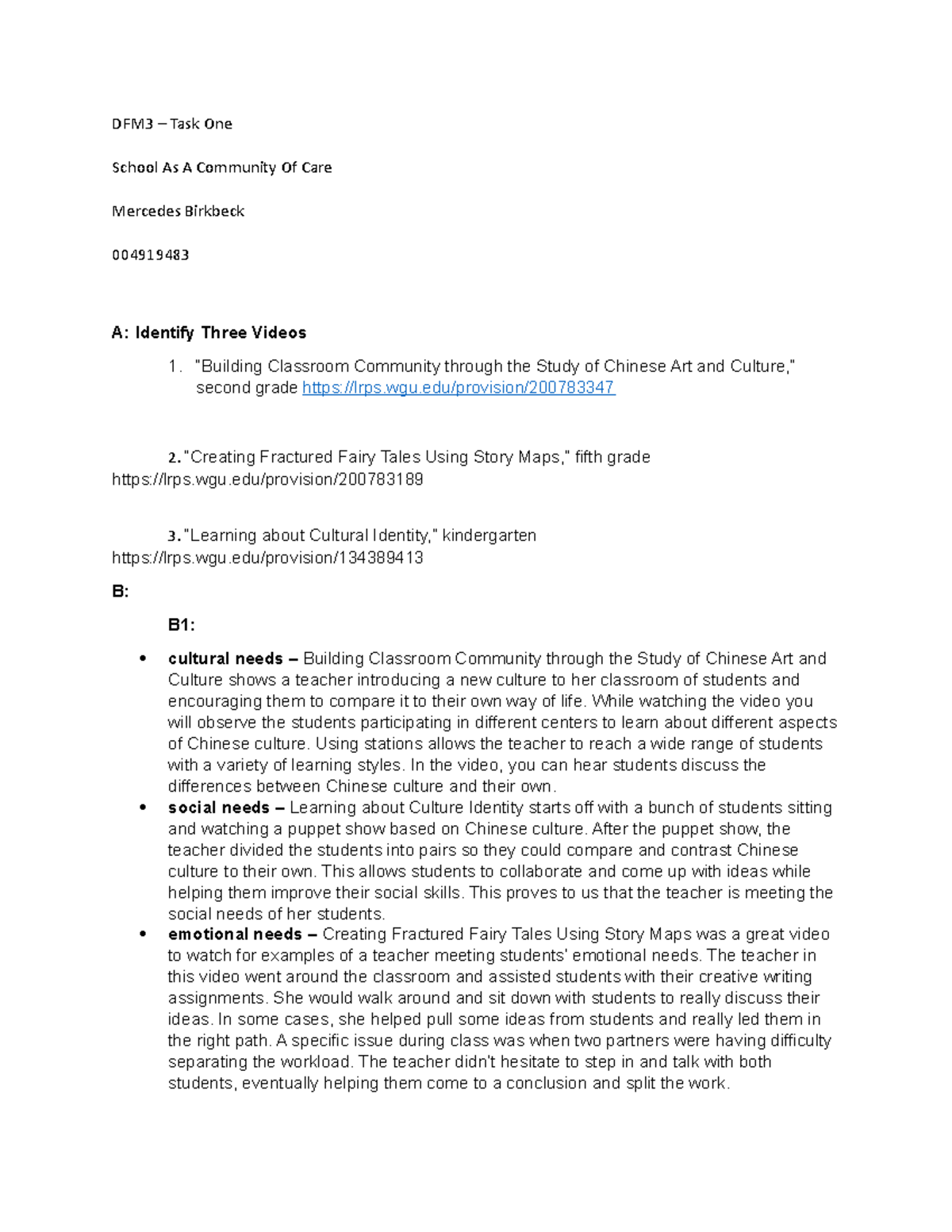 TASK ONE - Edited - ssssssssss - DFM3 – Task One School As A Community Of Care Mercedes Birkbeck ...