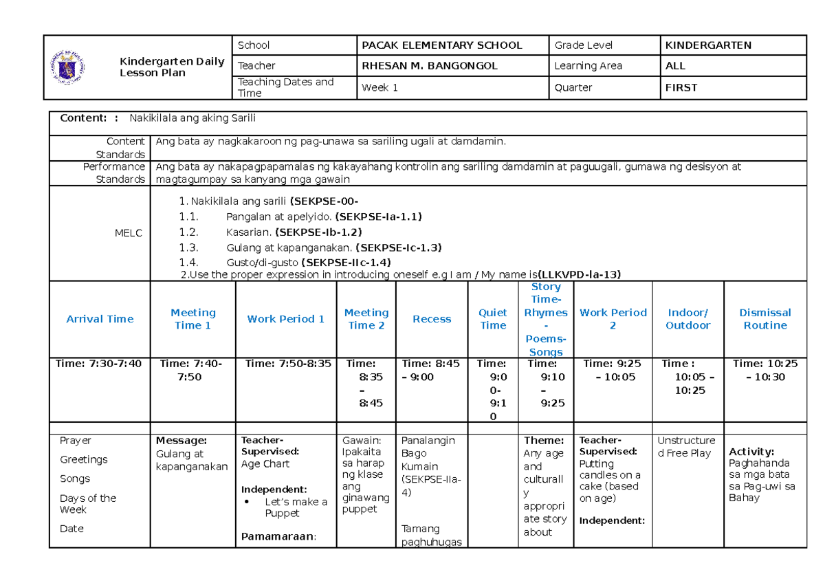 Kinder-New-DLL week1 day3 - Kindergarten Daily Lesson Plan School PACAK ...