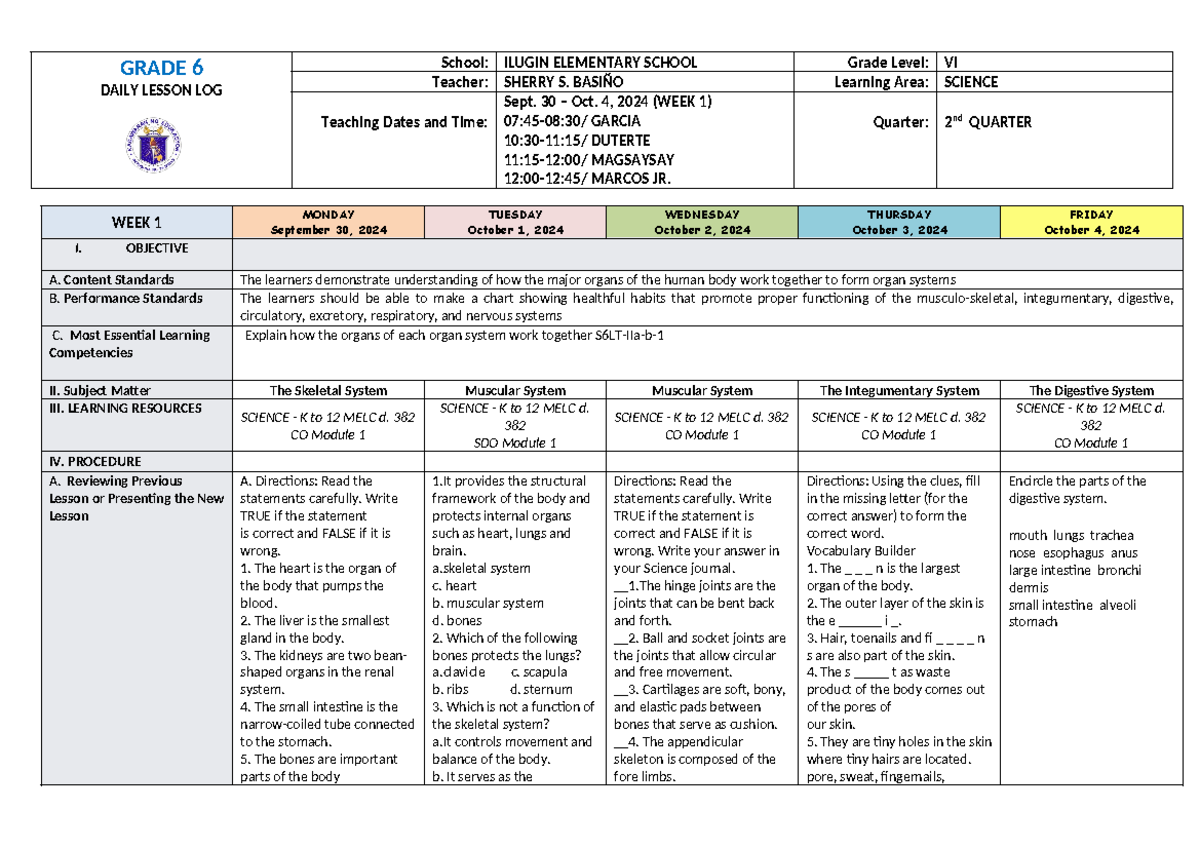 Q2 Wk1 Science 6 - DLL - GRADE 6 DAILY LESSON LOG School: ILUGIN ...