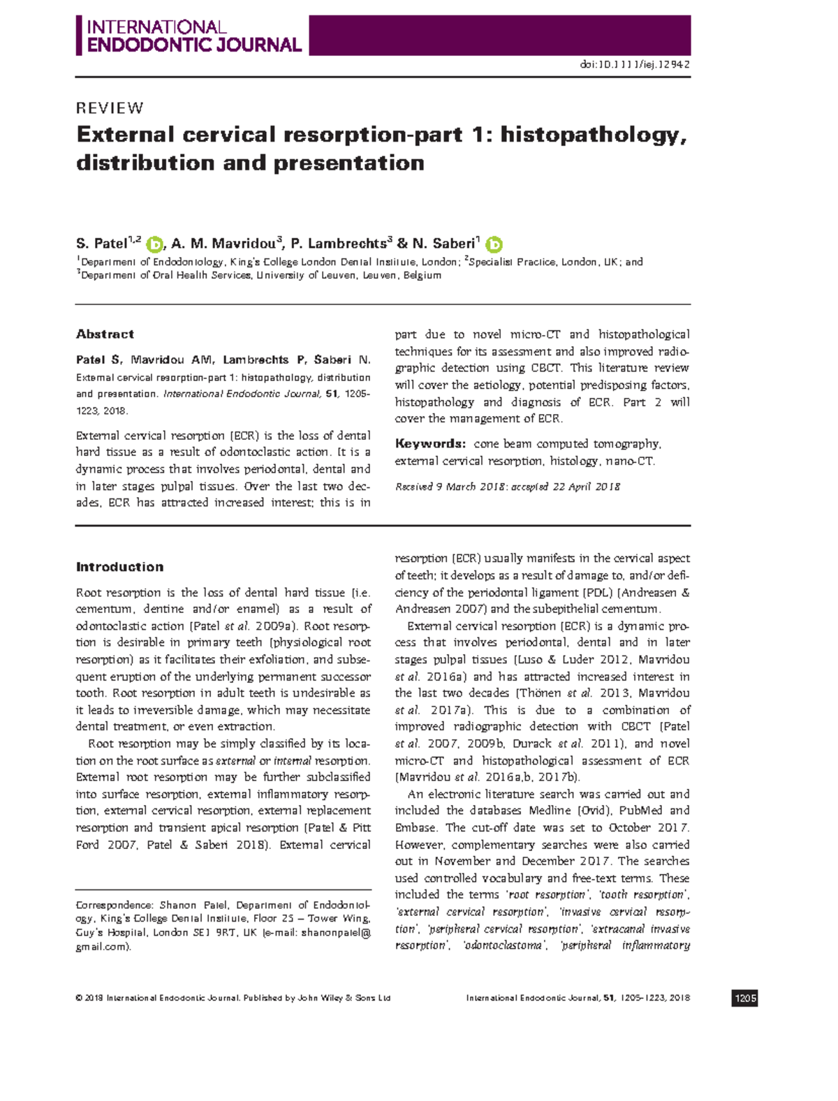 Int Endodontic J - 2018 - Patel - External cervical resorption‐part 1 ...