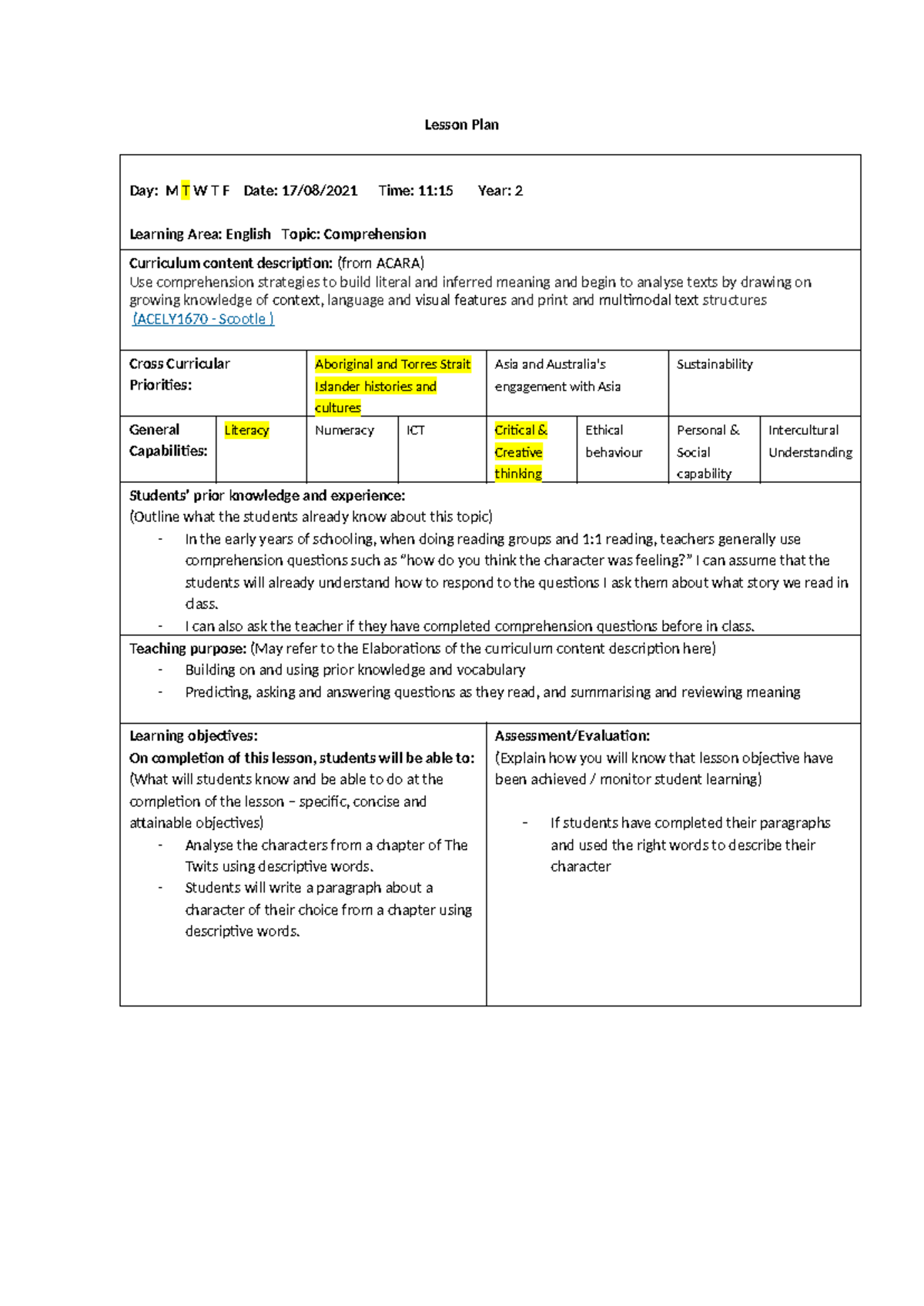 BED150 Lesson Plan - Lesson Plan - Lesson Plan Day: M T W T F Date: 17 ...