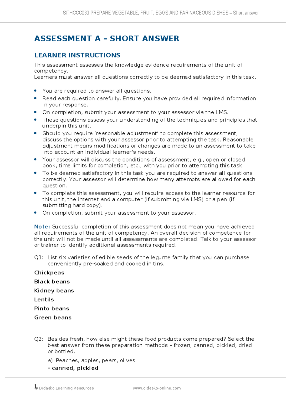 Sithccc 030 Assessment A Short Answer V4-4 - ASSESSMENT A – SHORT ...
