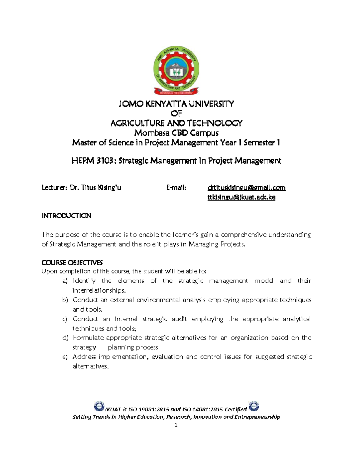 HEPM 3103 Strategic Management in Project Management Course plan 2022-1 ...
